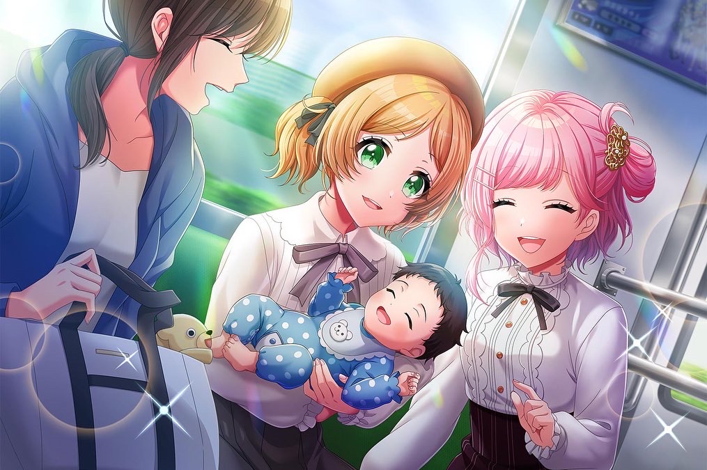 Safebooru - 3girls blonde hair blush closed eyes d4dj dress green eyes official art pink hair ...