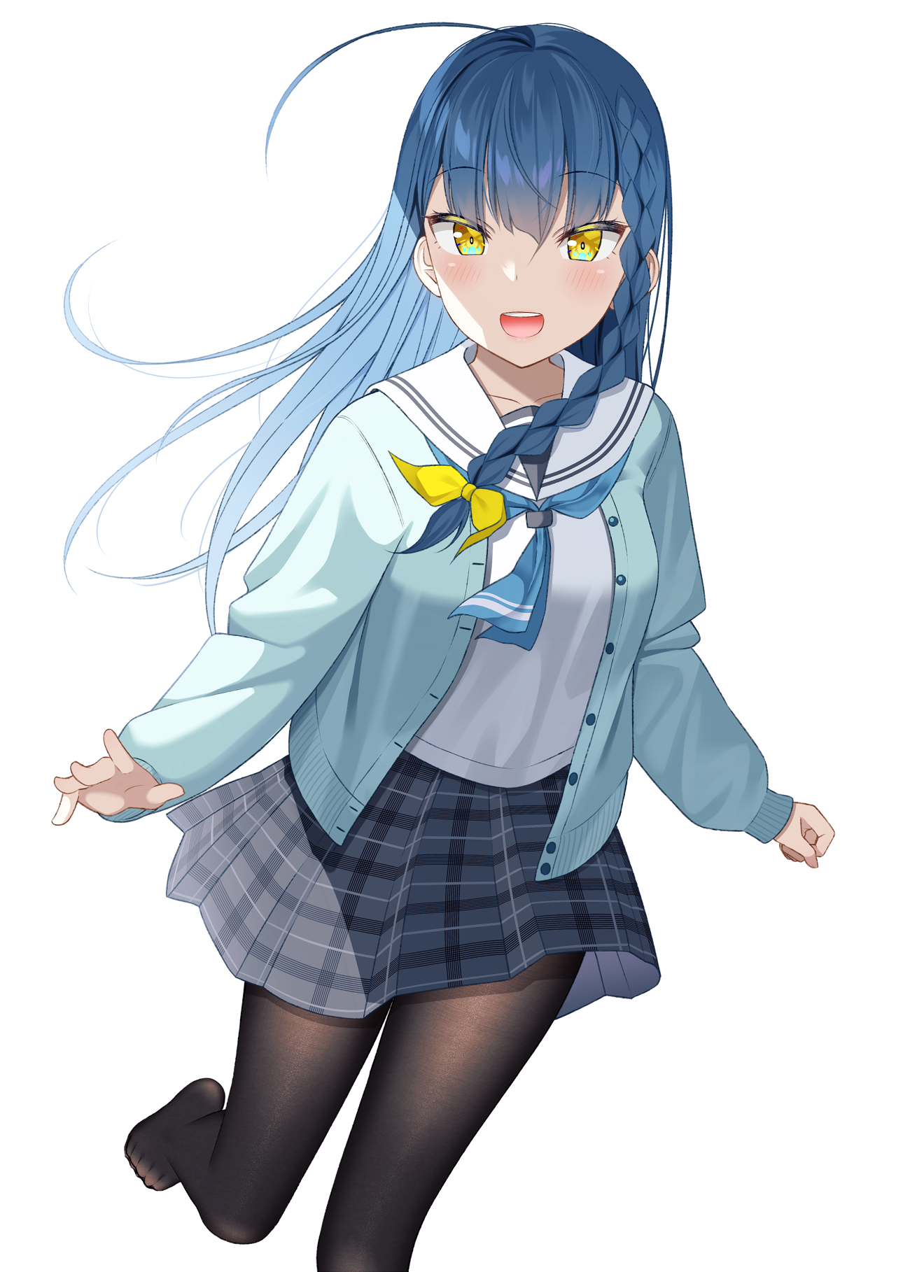 Safebooru - 1girl :d ahoge bangs black legwear blue cardigan blue hair blue neckwear braid ...