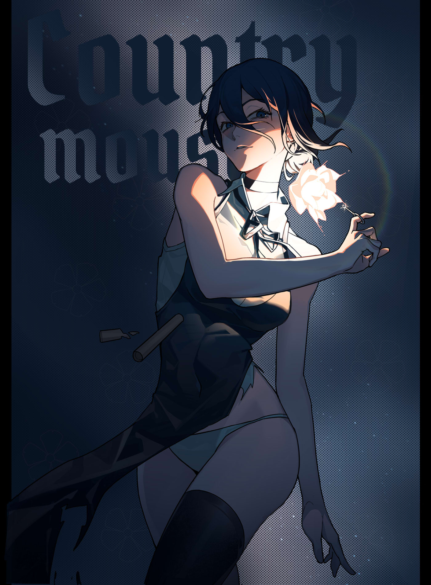 Safebooru - 1girl black background black choker black dress black legwear black plume black ...