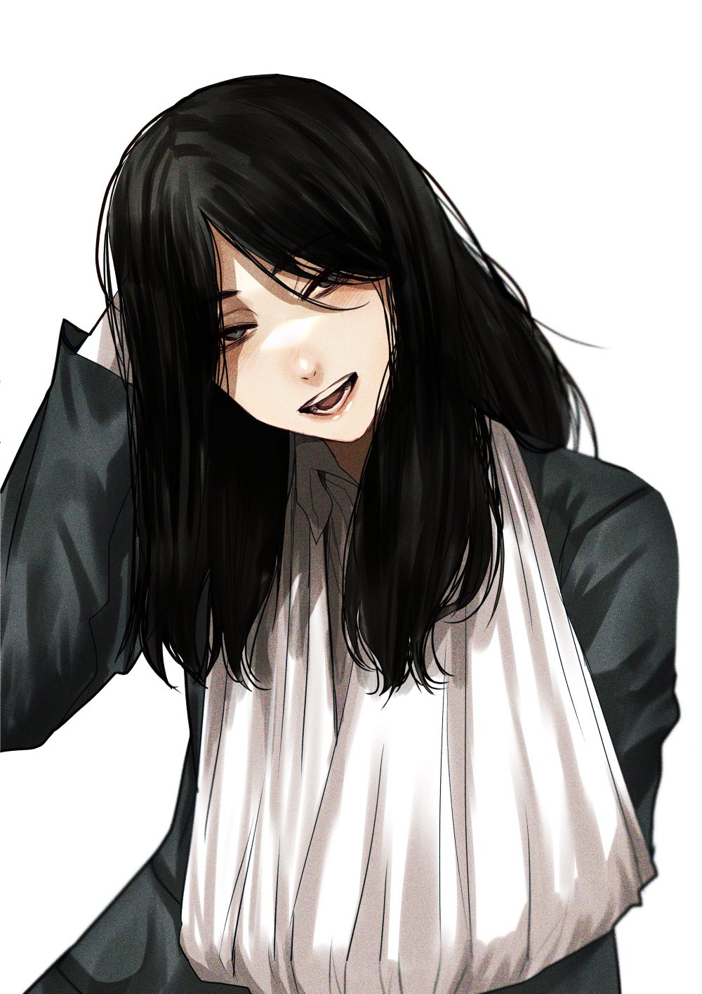 Safebooru - 1girl arm sling bandaged arm bandages black footwear black hair chopsticks green ...