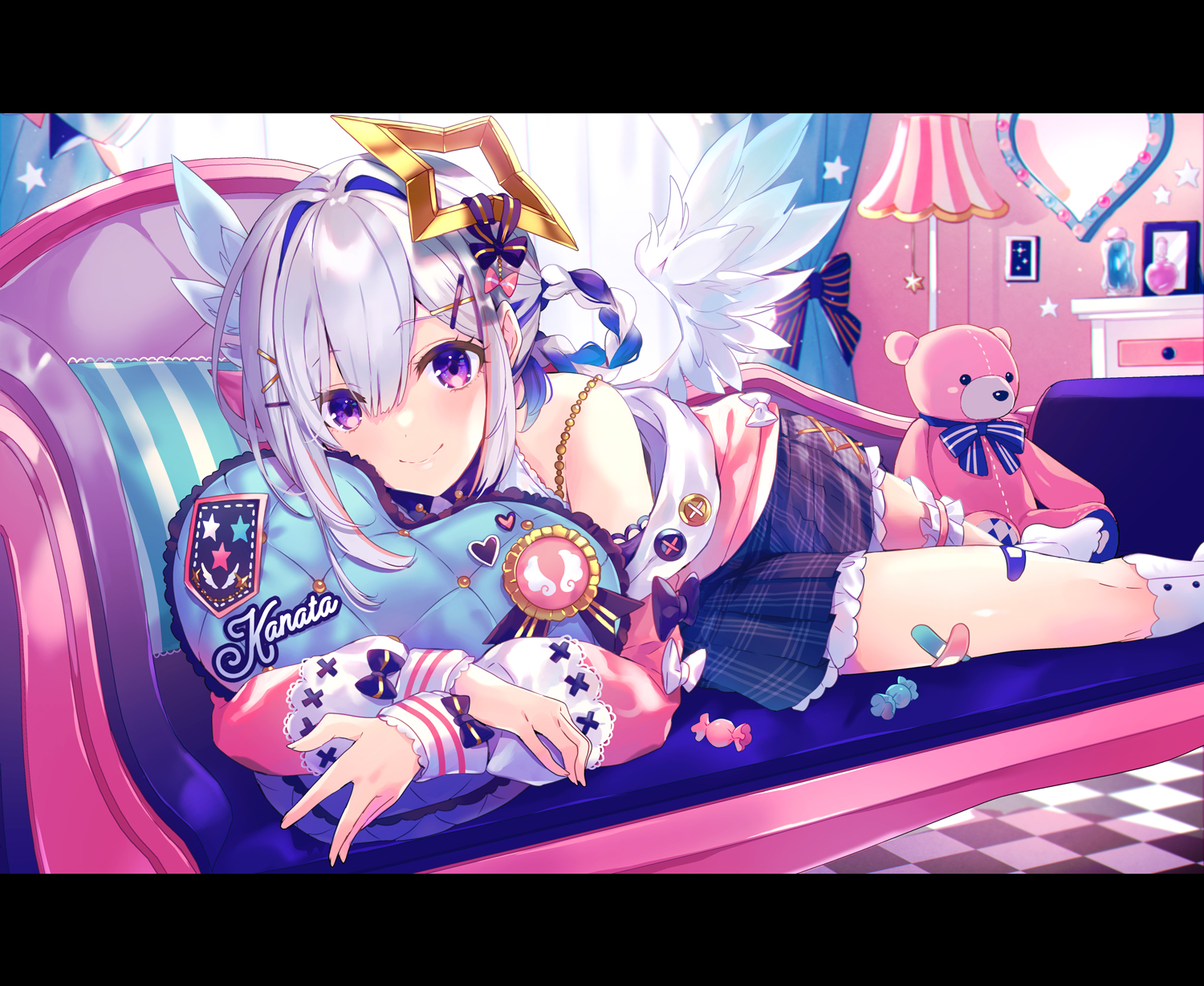 Safebooru - 1girl alternate costume amane kanata angel wings black skirt blue hair blush boots ...