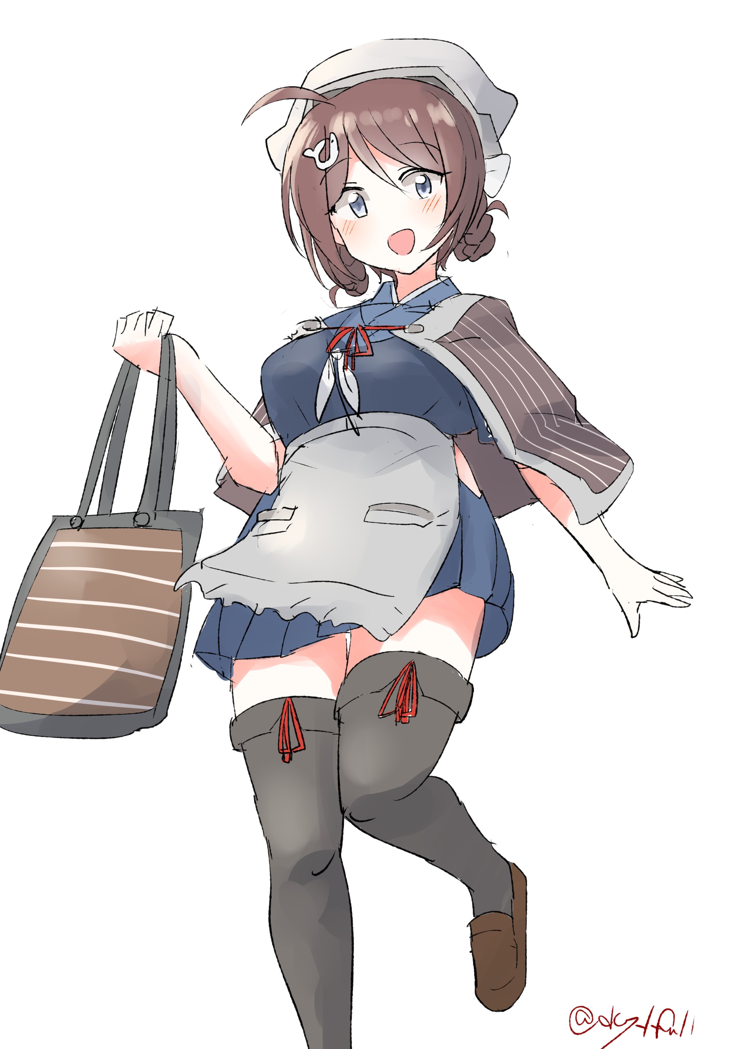 Safebooru - 1girl absurdres apron bag bandana blue serafuku blue skirt braid brown hair brown ...