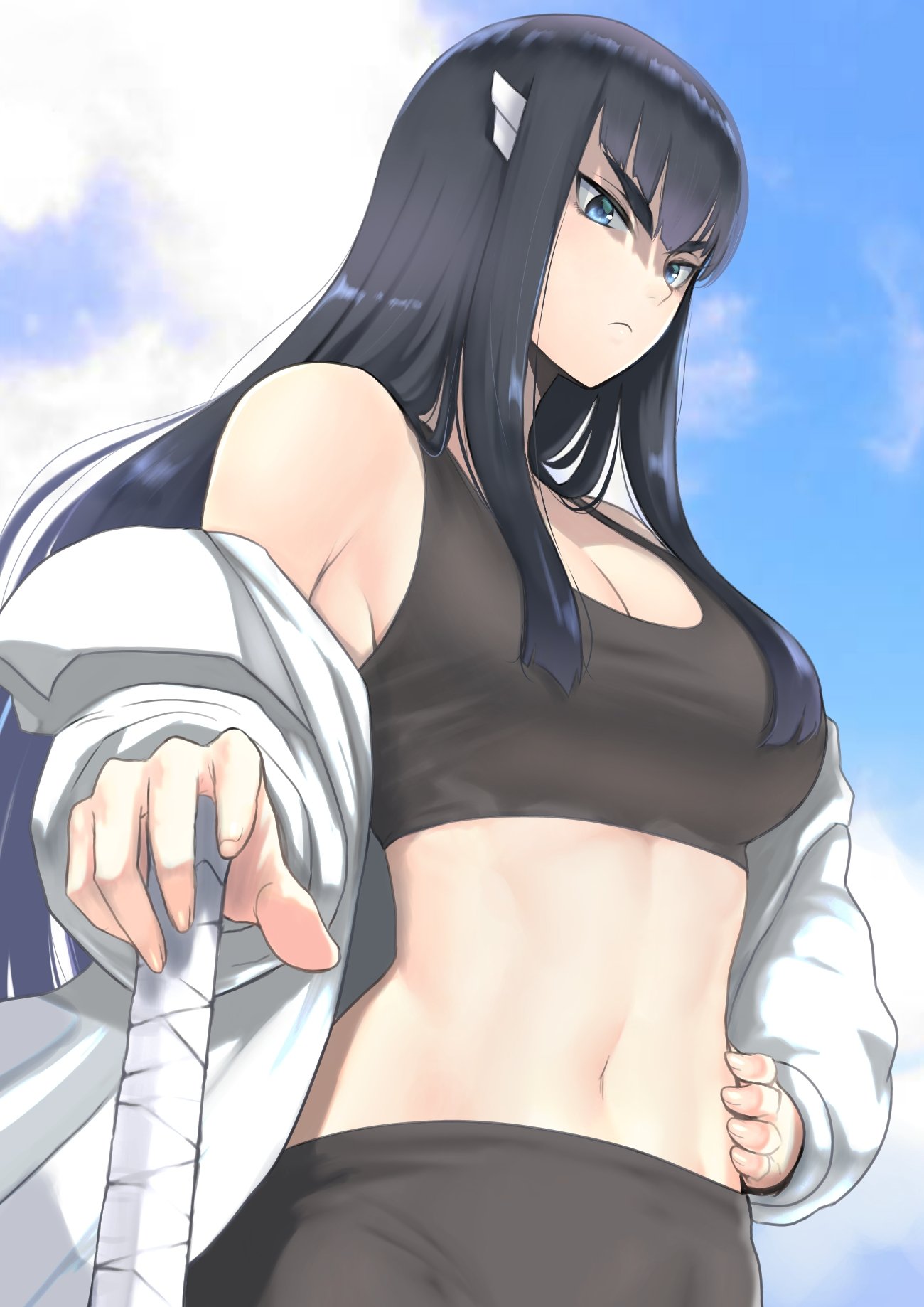 Safebooru - 1girl alternate costume anagumasan bangs black hair blue eyes blue sky breasts ...