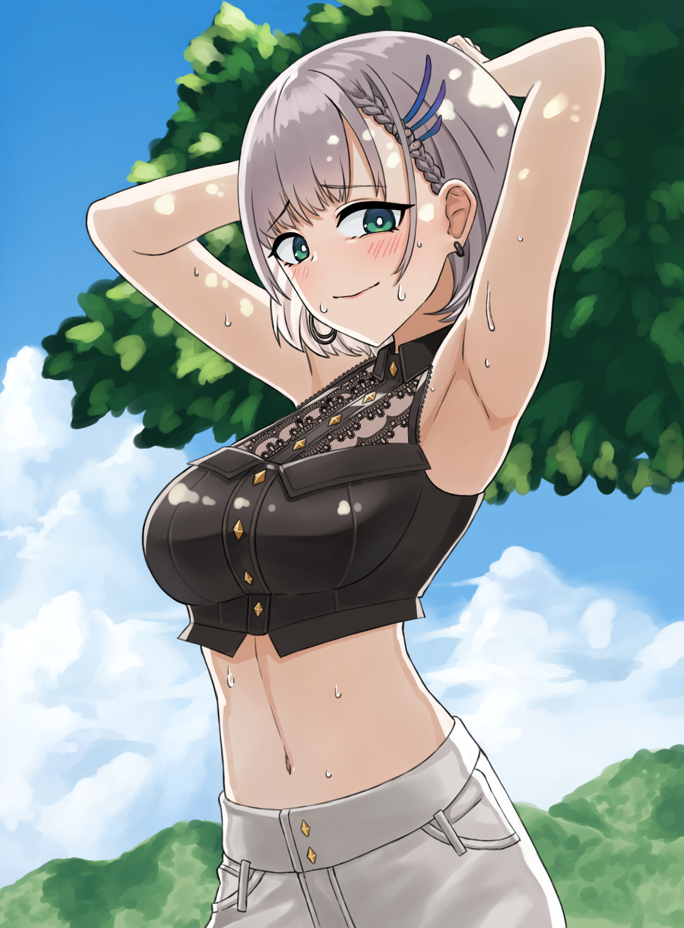 Safebooru - 1girl armpits arms behind head arms up bangs black shirt blue sky blush braid crop ...