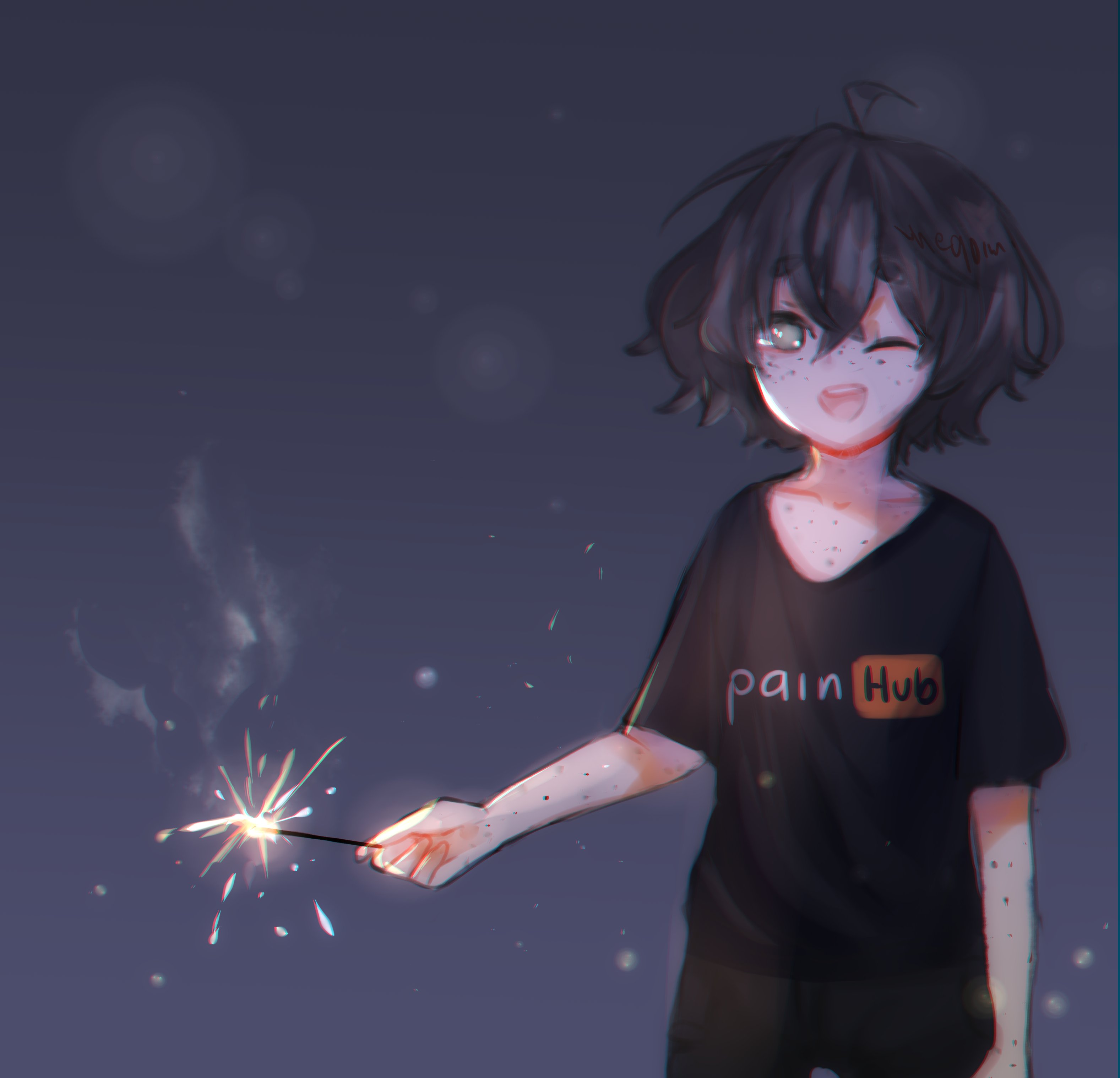 Safebooru - 1girl :d absurdres ahoge bangs black pants black shirt blind girl (popopoka) body ...