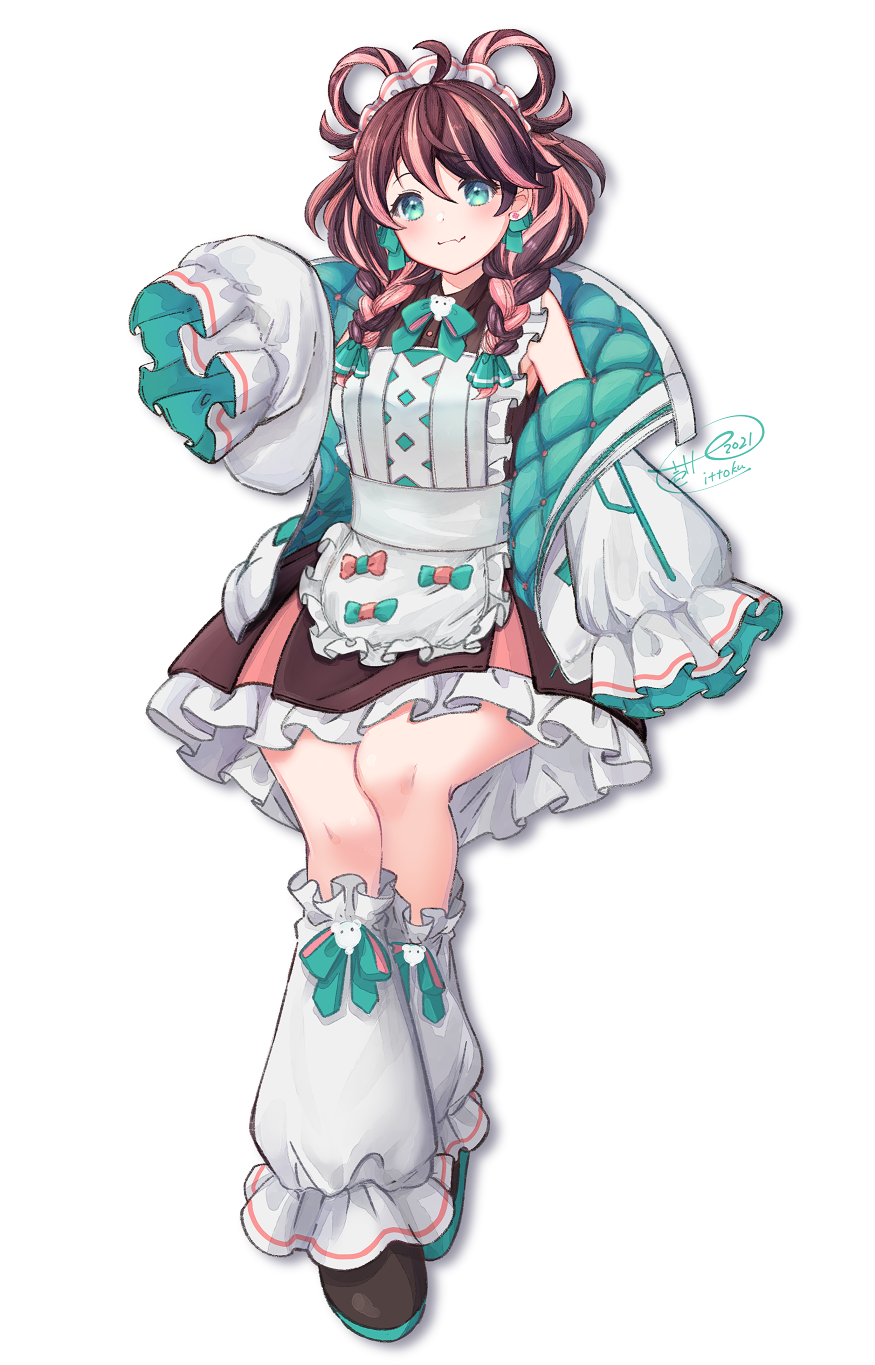 Safebooru - 1girl ahoge apron bangs bare shoulders black footwear blush bow braid breasts brown ...