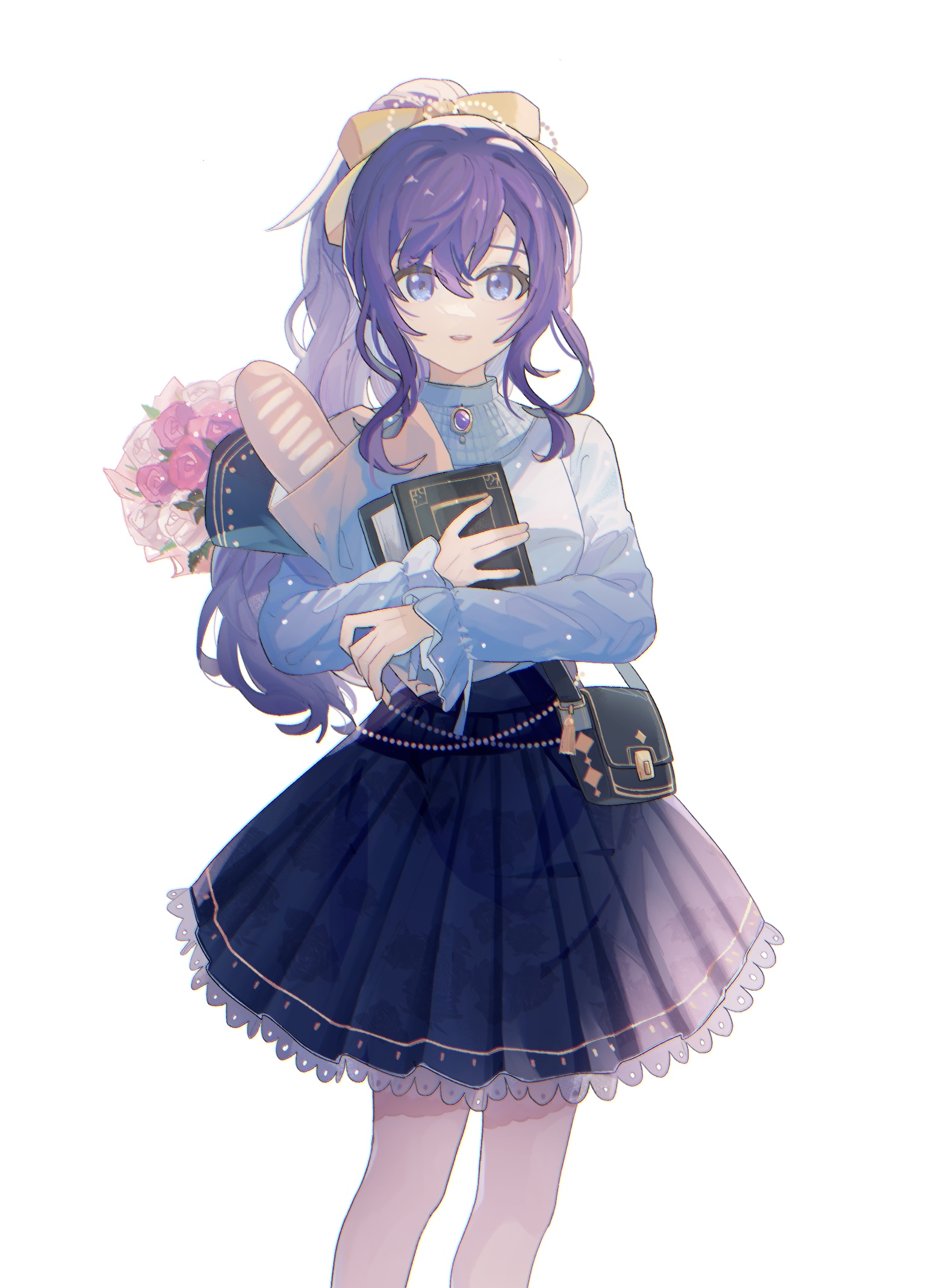 Safebooru - 1girl asahina mafuyu bag baguette blue eyes book bread flower food grocery bag ...