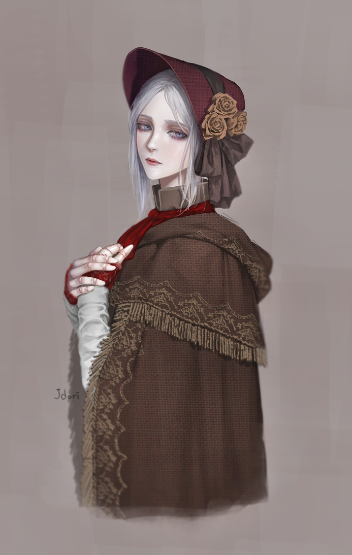 Safebooru - 1girl artist name ascot bangs bloodborne bonnet brown background cloak closed mouth ...