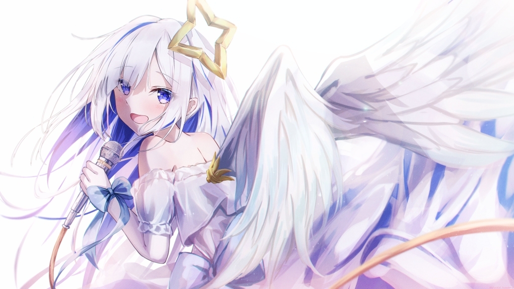 Safebooru - 1girl :d alternate costume amane kanata angel angel wings back bare shoulders blue ...