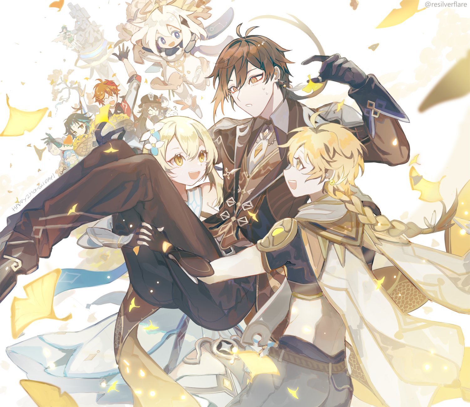 Safebooru - 5boys 5girls :d ^ ^ aether (genshin impact) antenna hair ...