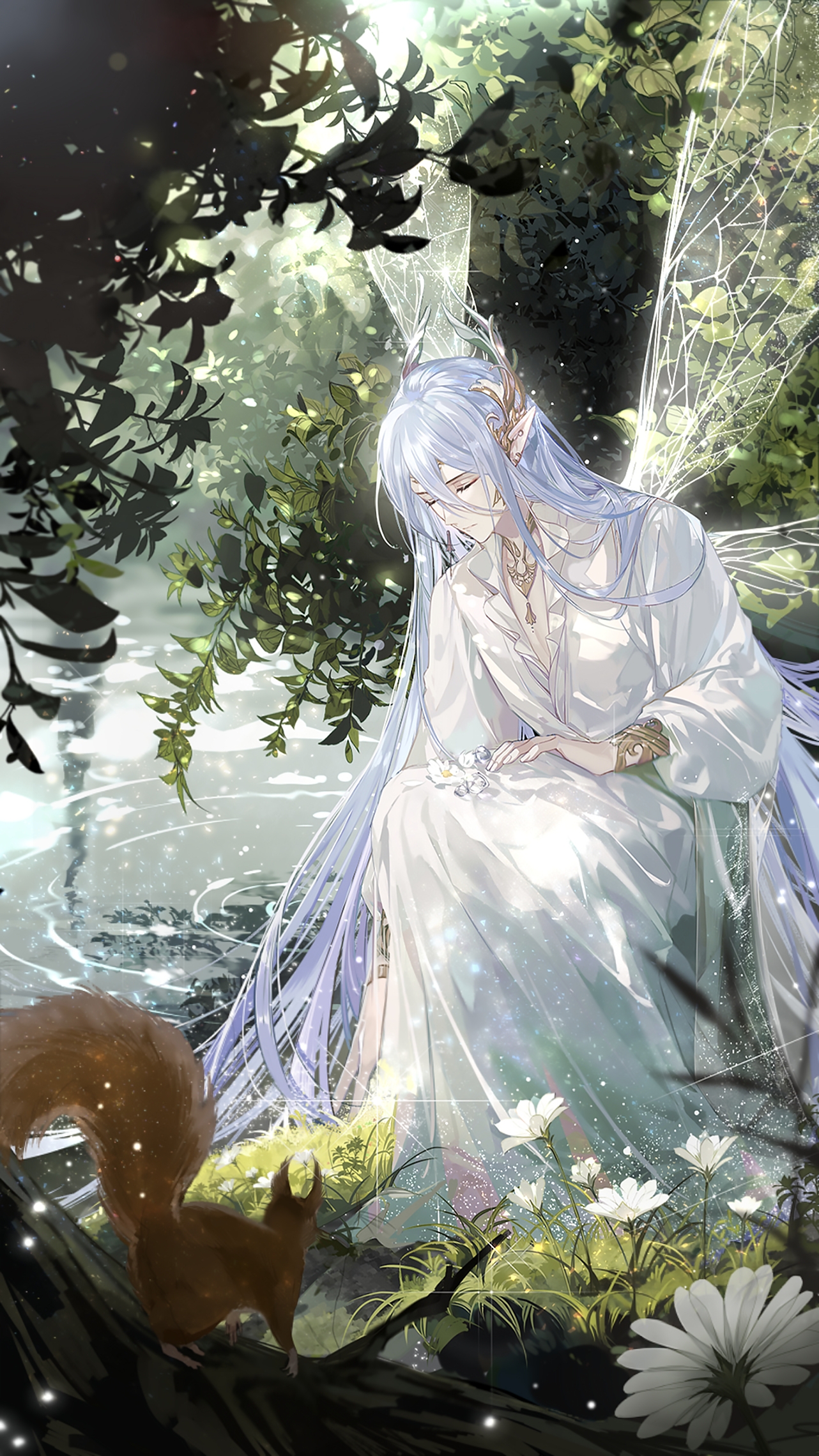 Safebooru - 1boy bracelet circlet closed eyes daisy diffraction spikes dress earrings fairy ...