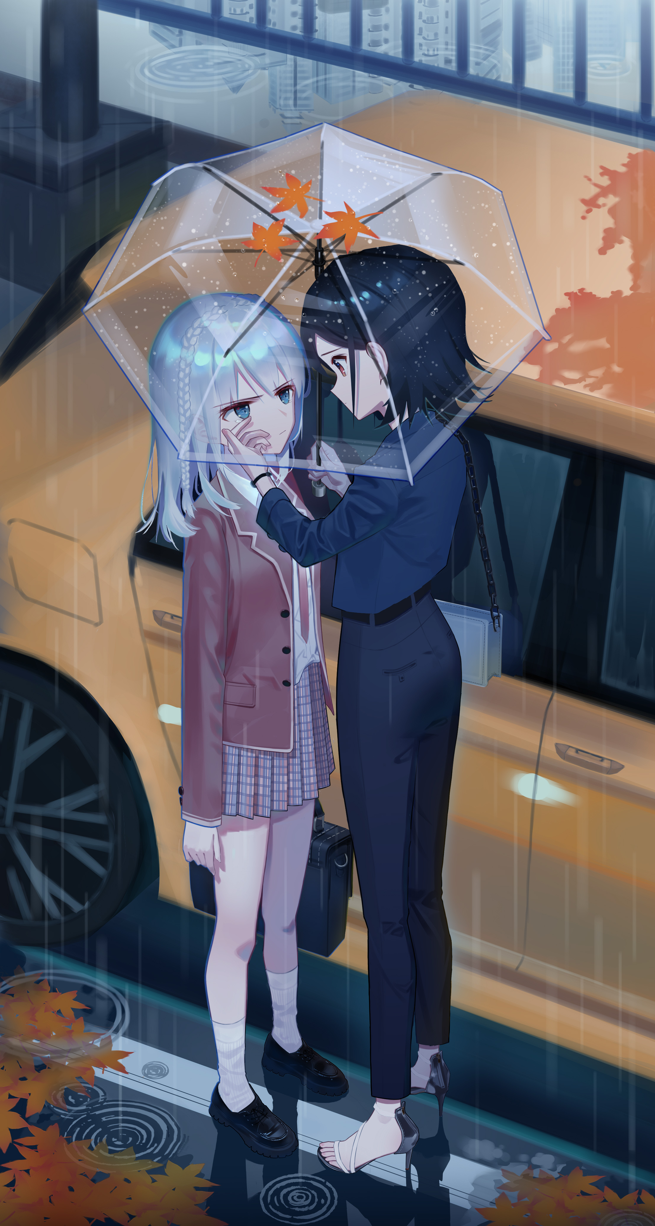 Safebooru - 2girls absurdres age difference autumn leaves bag black footwear black hair black ...