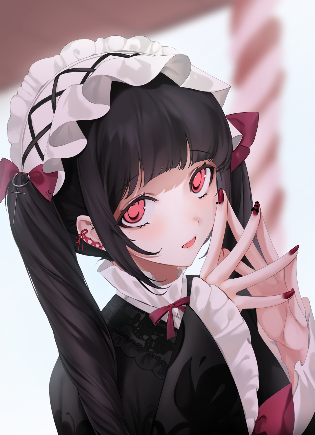 Safebooru - 1girl :d bangs black nails blunt bangs blurry blurry background bow earrings ...