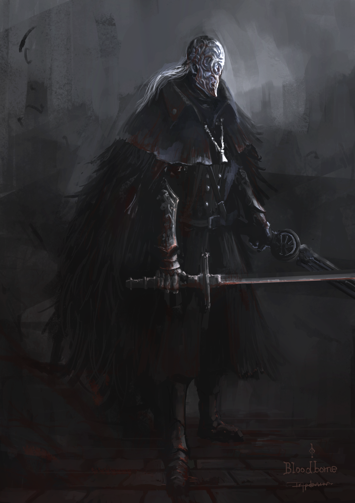 Safebooru - 1boy artist name black cape black capelet bloodborne bloody crow of cainhurst cape ...