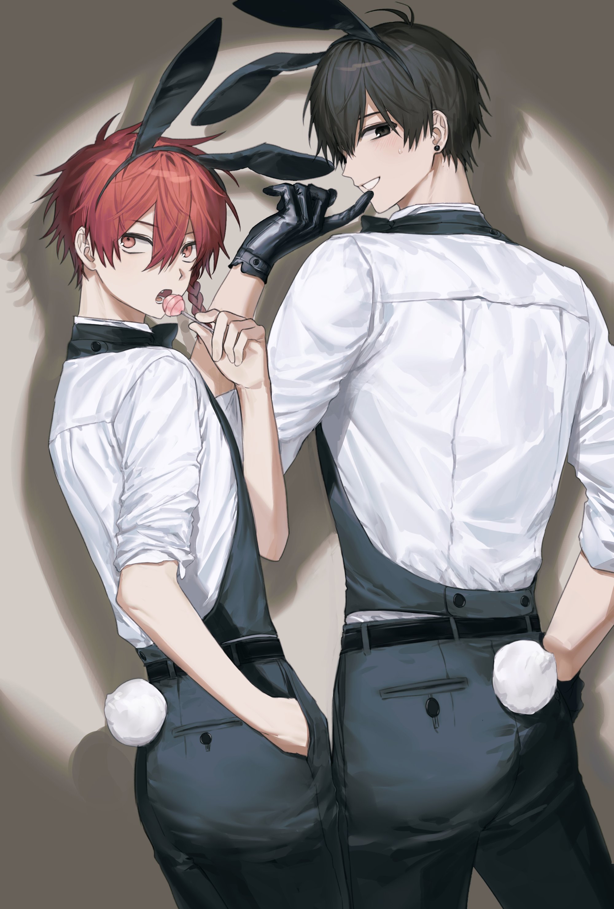 Safebooru - 2boys absurdres animal costume animal ears braid bunny costume candy fang food ...