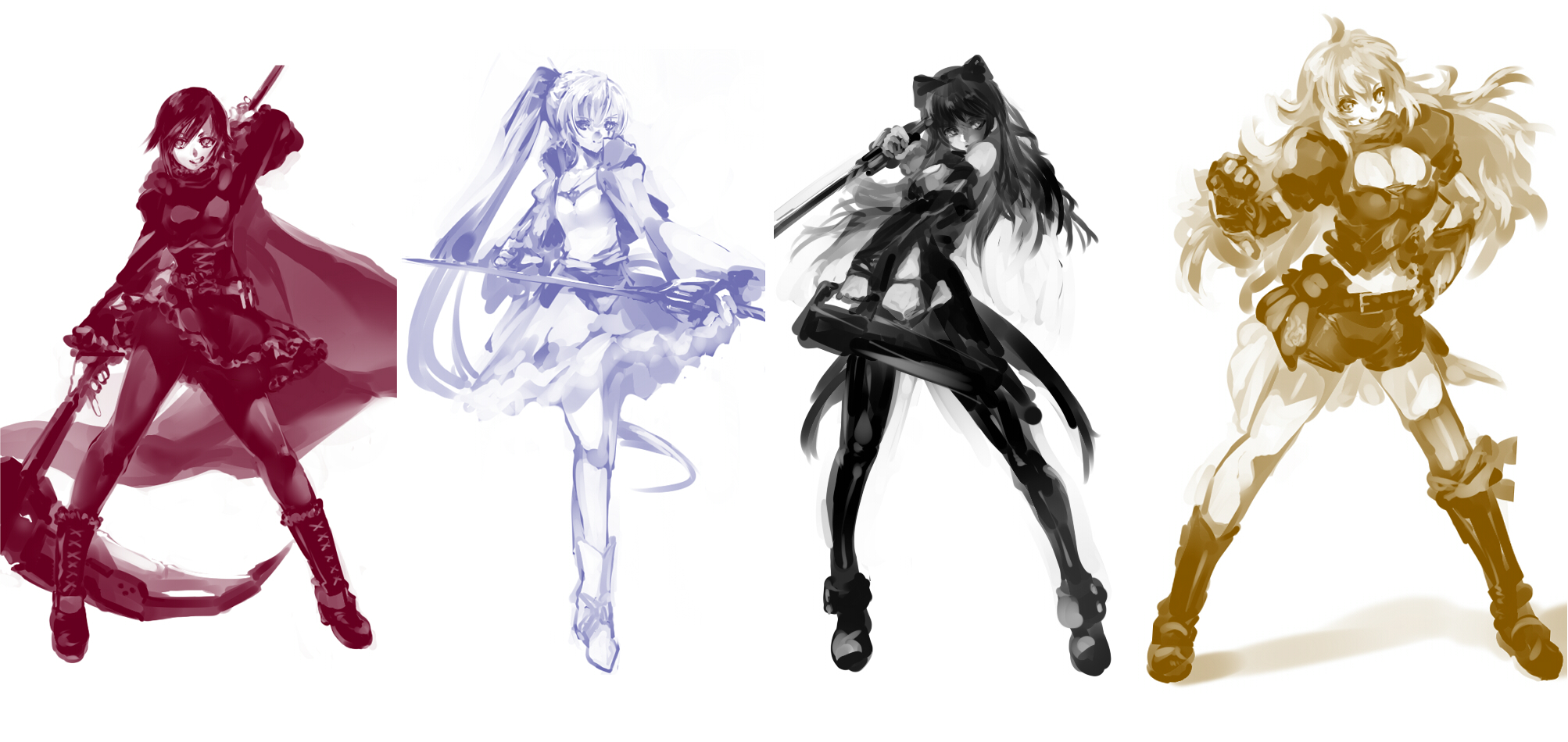 Safebooru 4girls Blake Belladonna Boots Breasts Cape Dress Full Body 8567