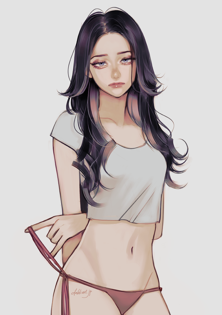 Safebooru - 1girl arms behind back bangs black hair blue eyes crop top eyelashes lips long hair ...