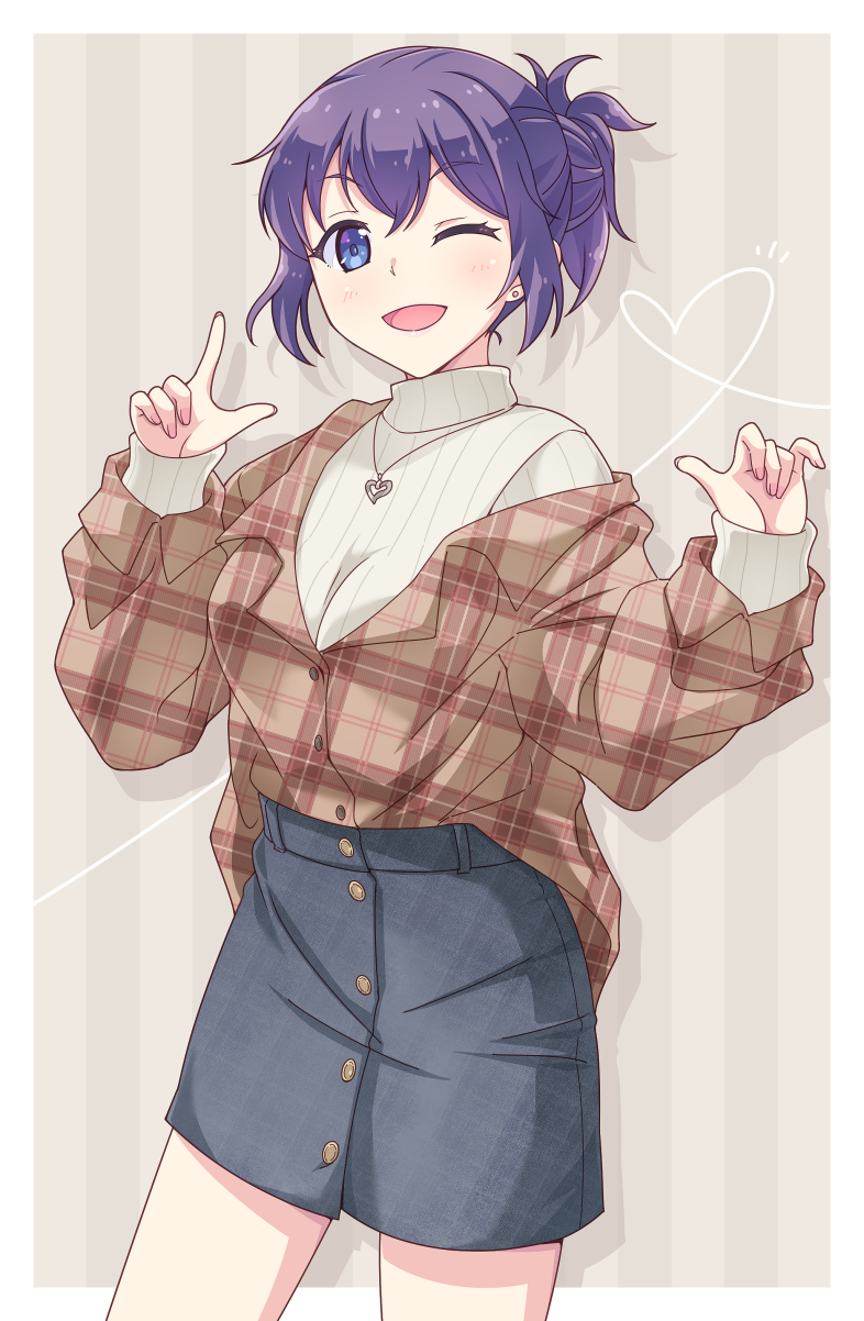 Safebooru - 1girl ;d bangs black skirt blue eyes brown jacket e20 ...