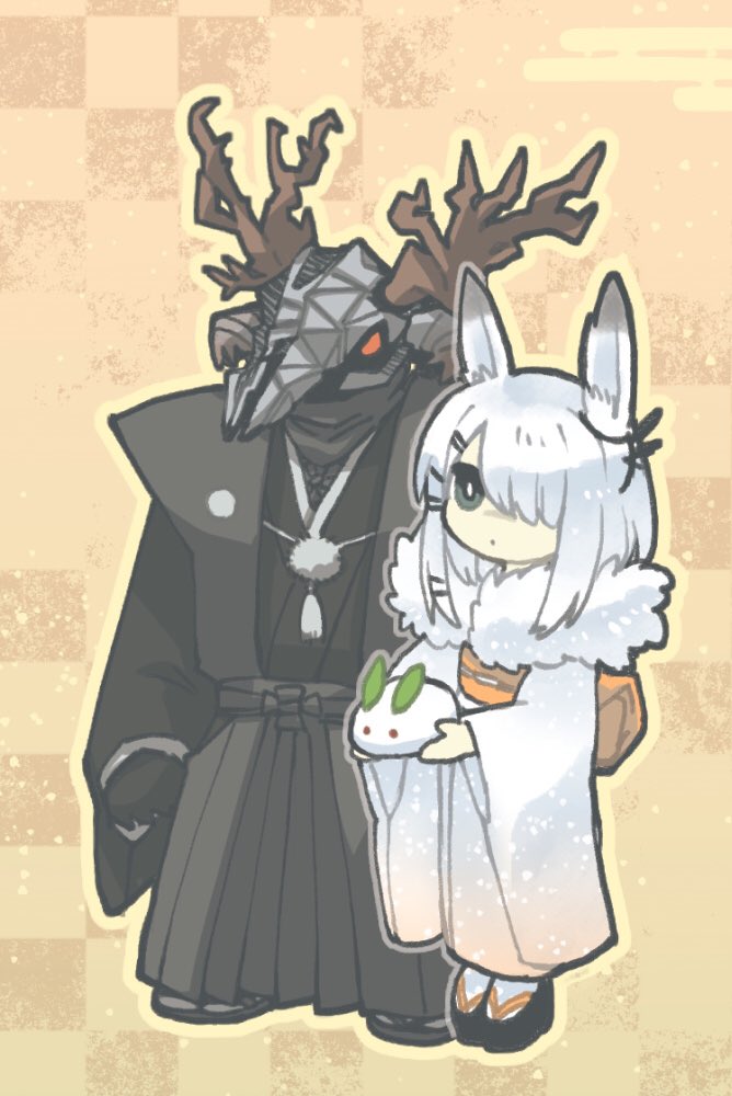 Safebooru - 1boy 1girl animal ear fluff animal ears antlers arknights bangs black footwear black ...