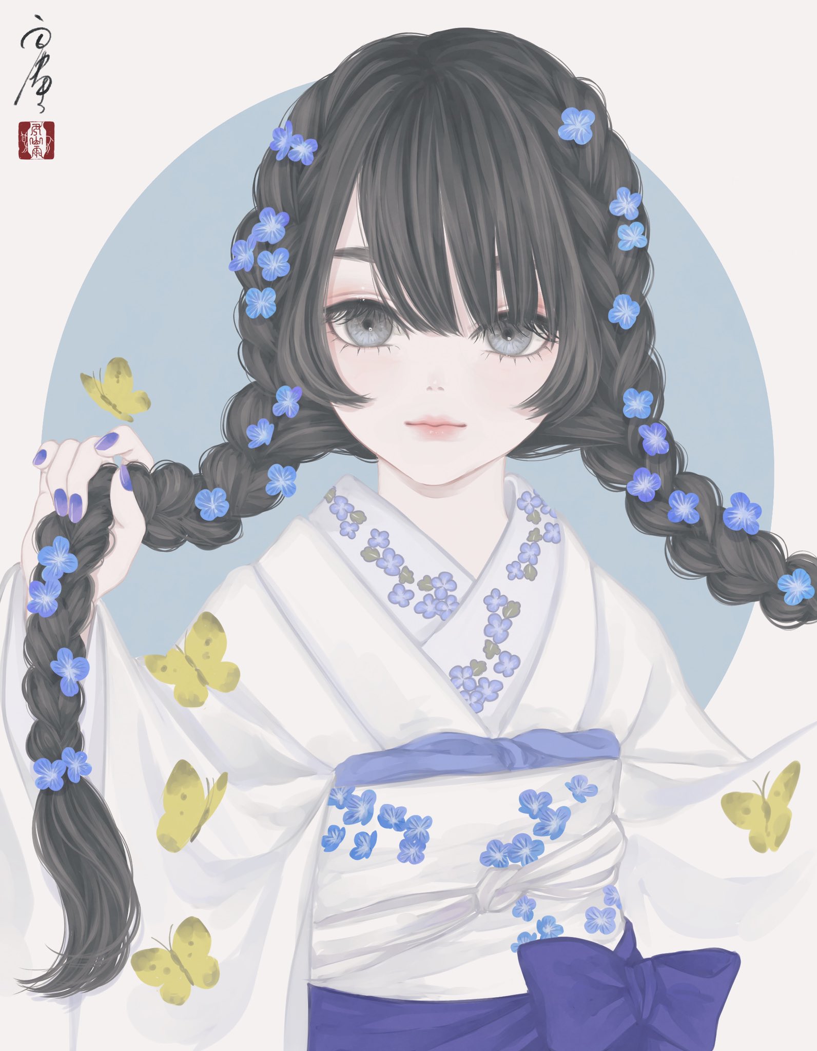 Safebooru - 1girl animal print bangs black hair blue background blue flower braid bug butterfly ...
