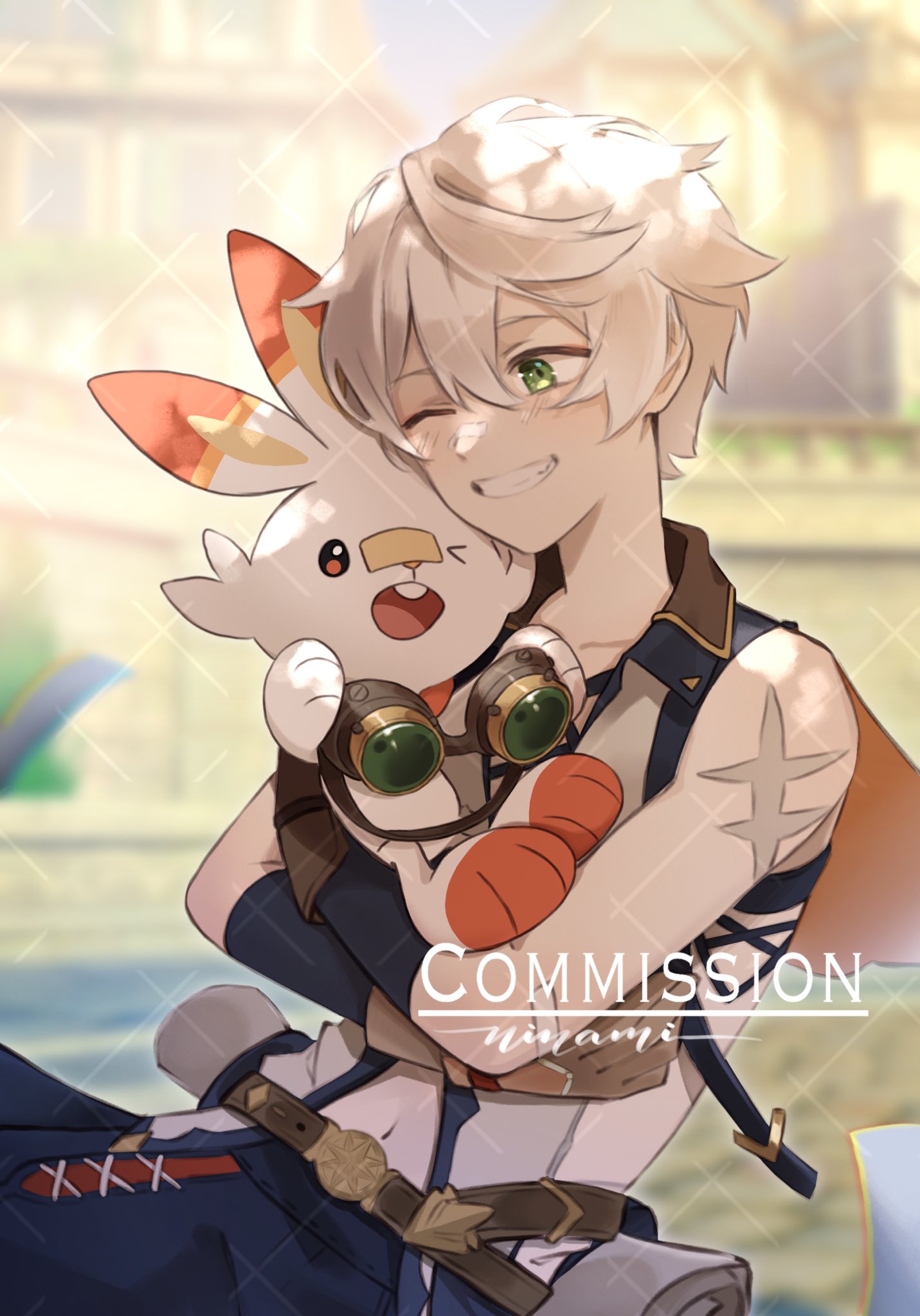 Safebooru - 1boy ;) ;d animal ears artist name bandaid bandaid on nose belt bennett (genshin ...