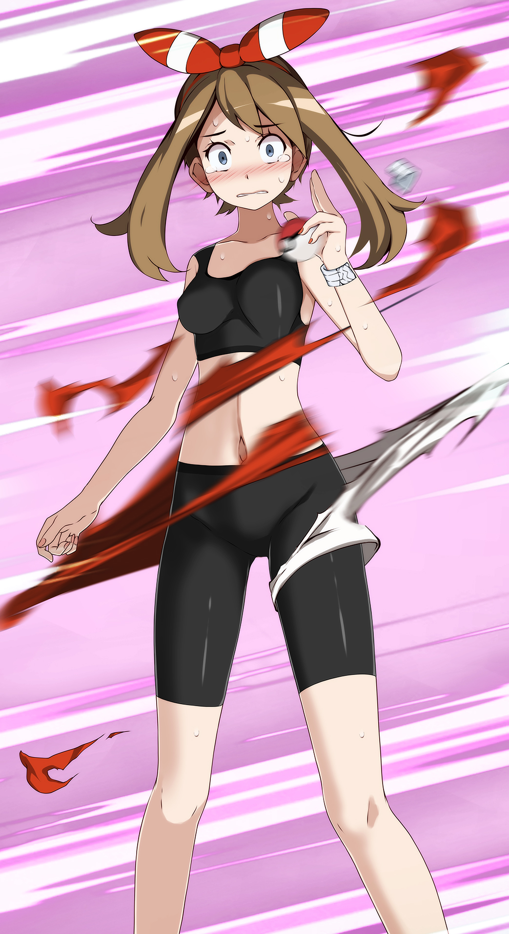 Safebooru - 1girl bike shorts black shorts blue eyes blush breasts brown hair crop top hairband ...