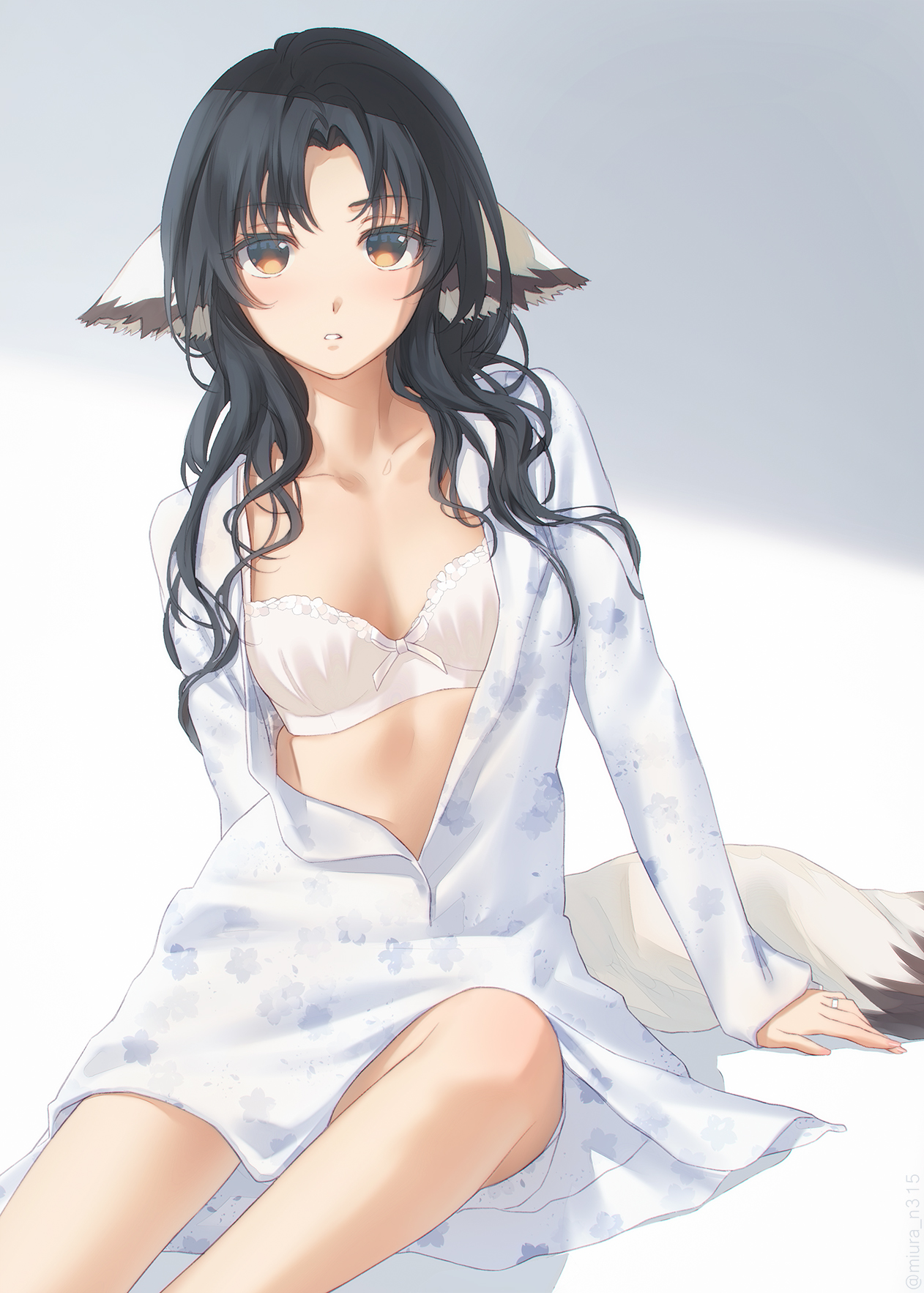 Safebooru - 1girl animal ears arm behind back arm support bangs black hair bra breasts dress ...
