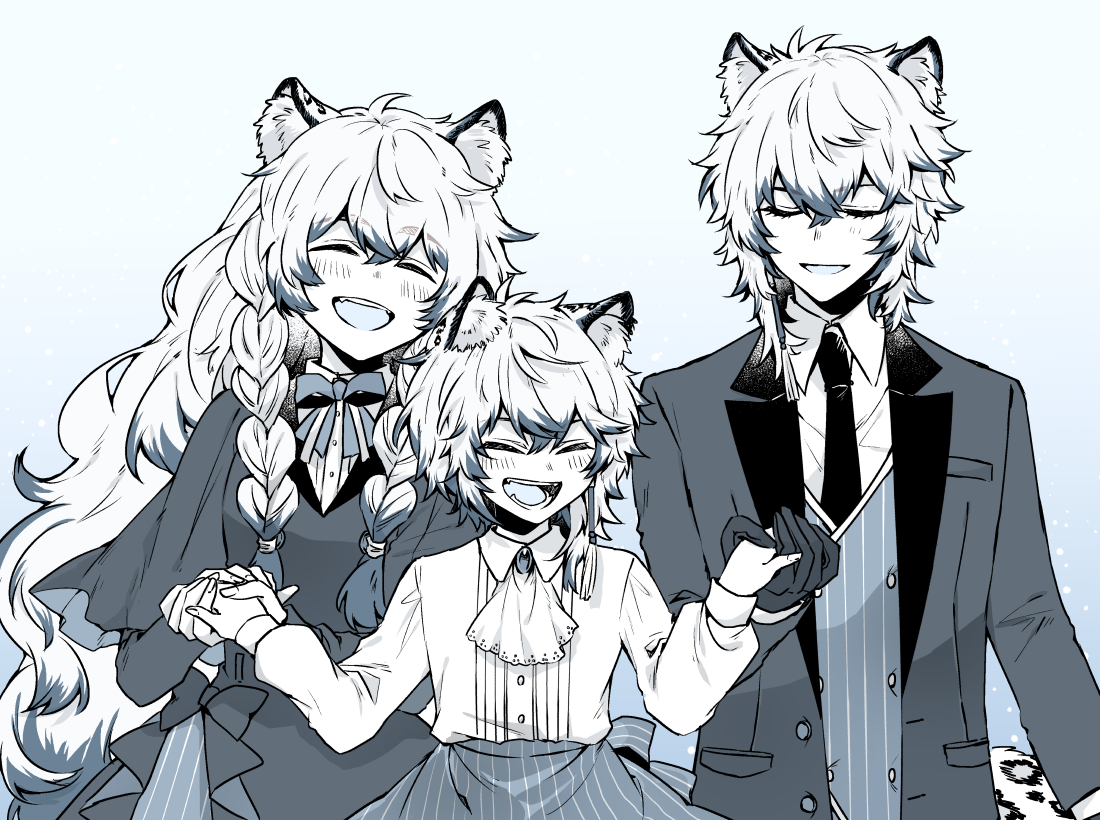 Safebooru - 1boy 2girls :d ^ ^ animal ear fluff animal ears arknights bangs blue background ...