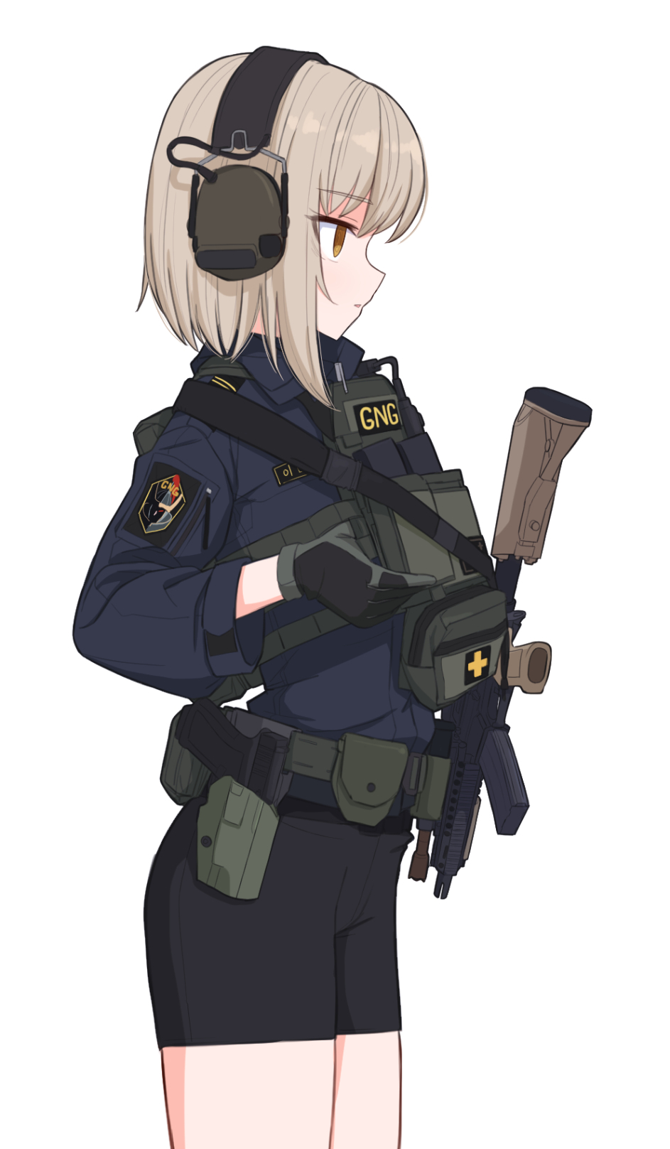 Safebooru - 1girl black gloves black shorts blonde hair brown eyes ...