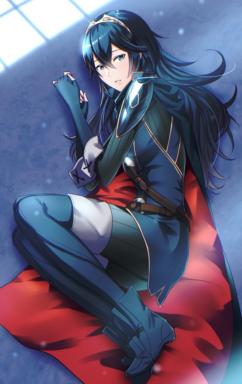 Safebooru - 1girl ameno (a meno0) blue eyes blue hair boots cape elbow gloves fingerless gloves ...