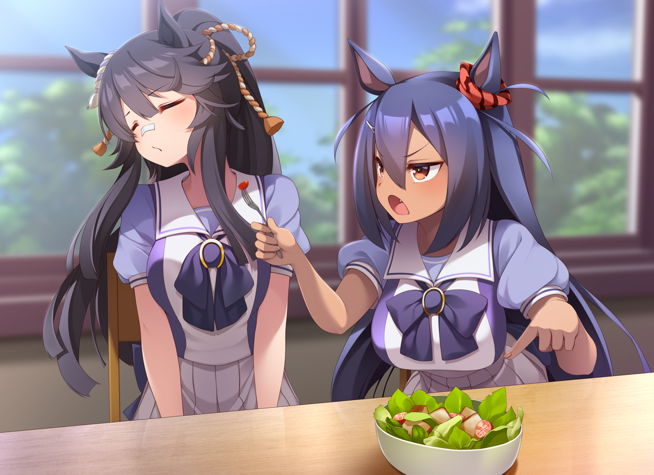 Safebooru - 2girls animal ears bandaid bandaid on nose black hair ...