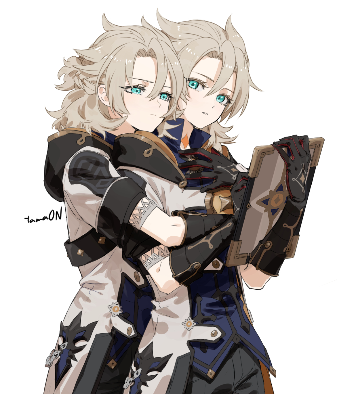 Safebooru - 2boys albedo (genshin impact) bangs black shorts blue eyes blue shirt clone closed ...