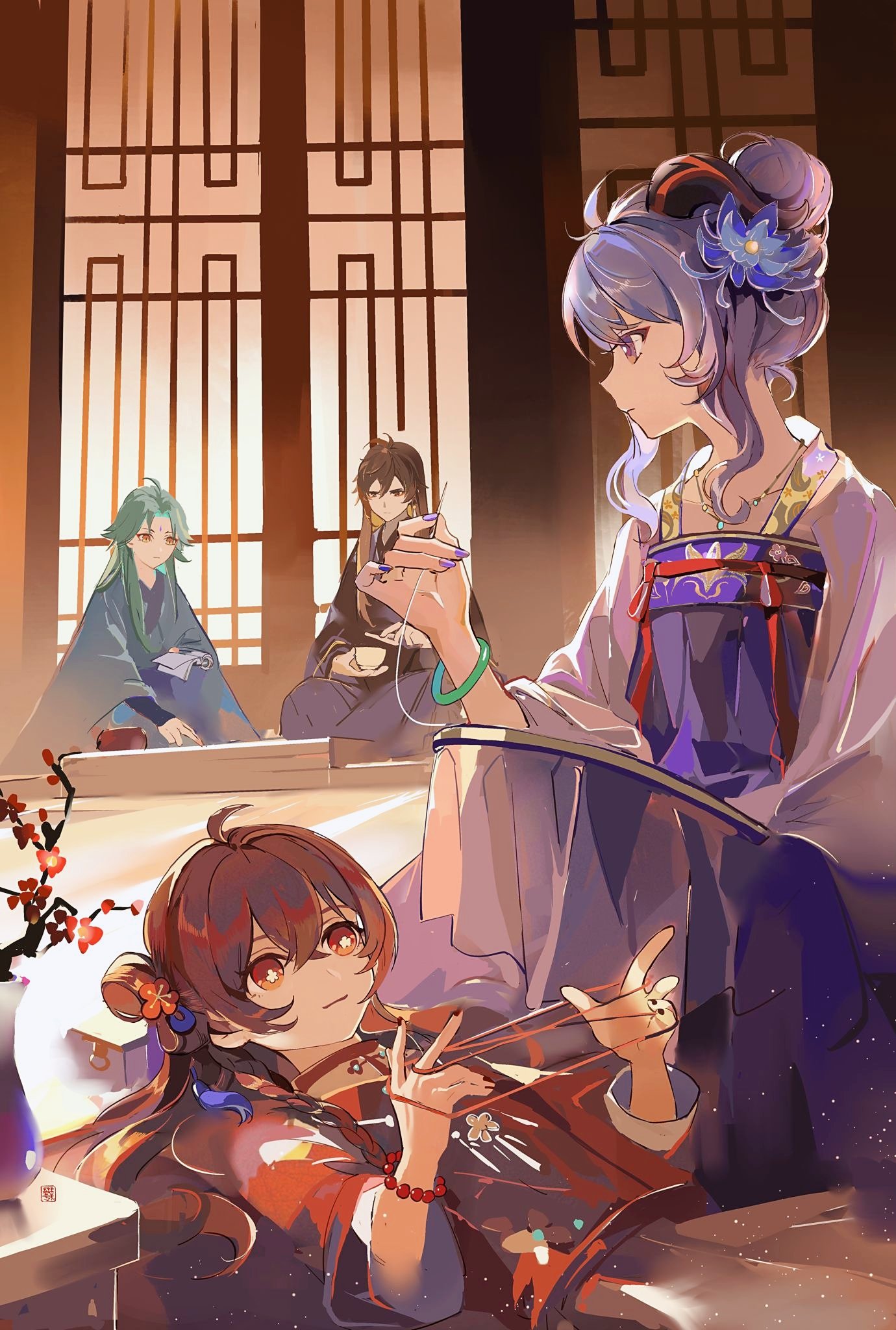 Safebooru - blue hair brown hair chinese clothes choker flower ganyu ...