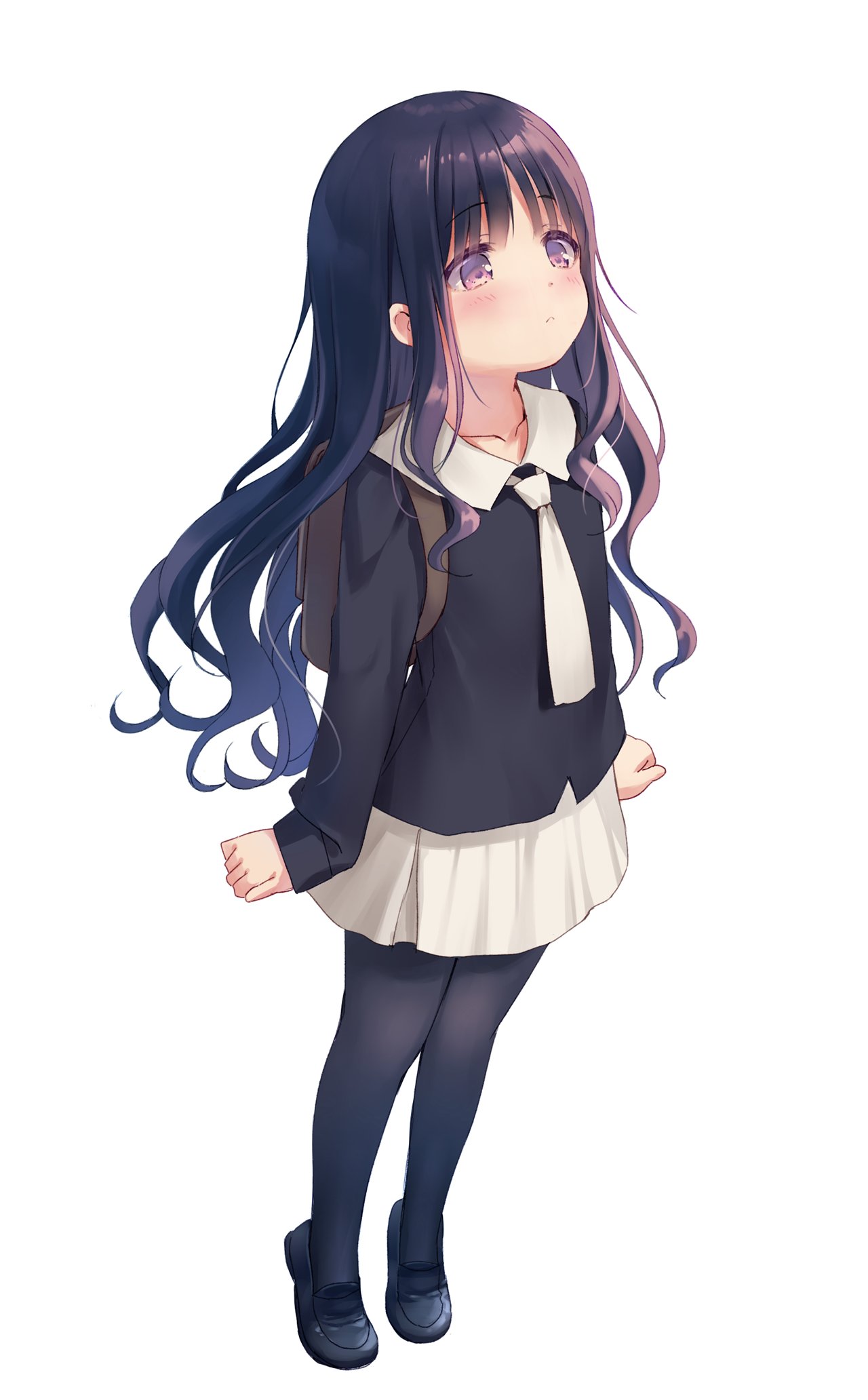 Safebooru - 1girl backpack bag bangs black footwear black hair black legwear black shirt blunt ...