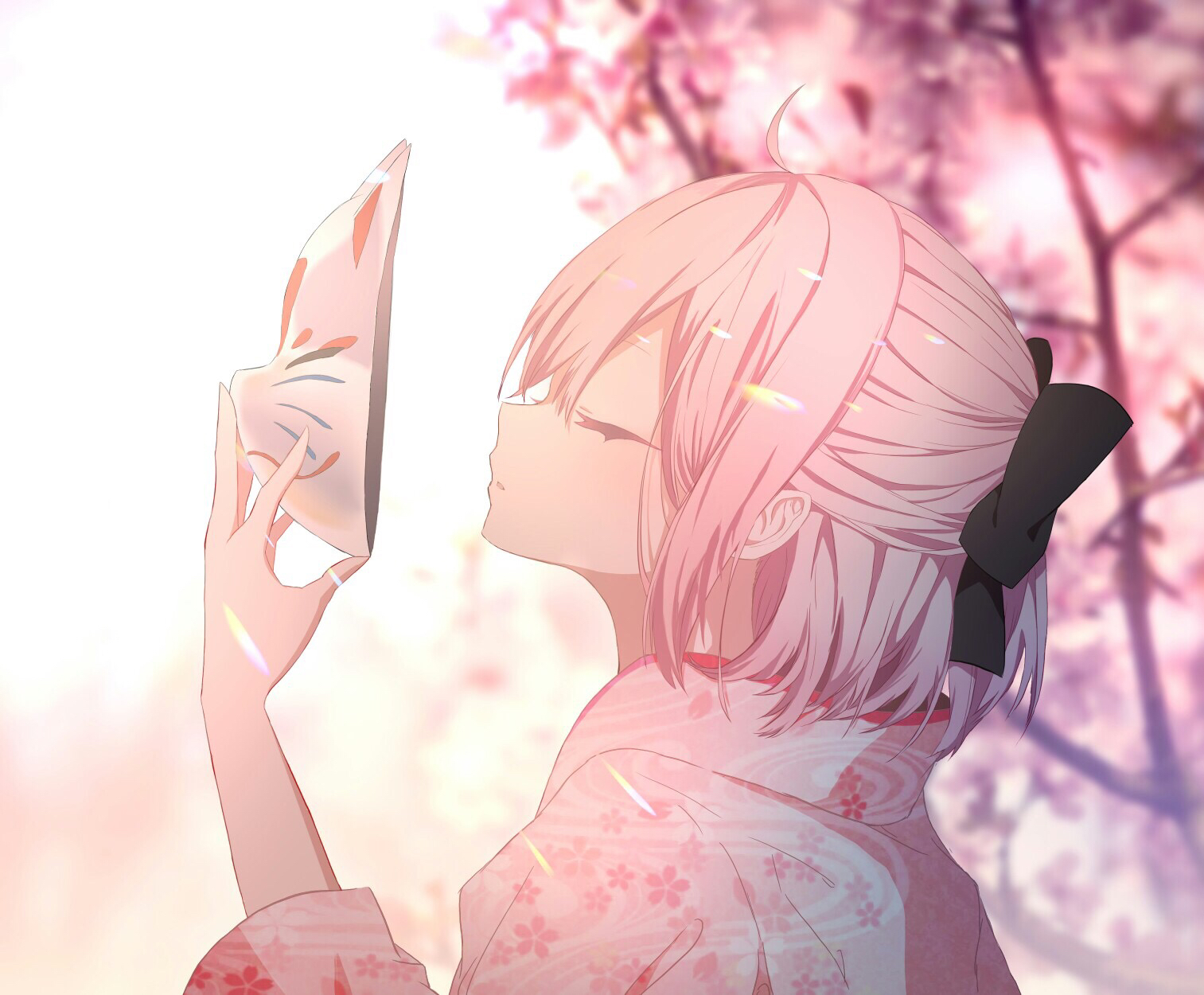 Safebooru - 1girl absurdres ahoge bangs black bow blonde hair bow cherry blossoms craz yza day ...