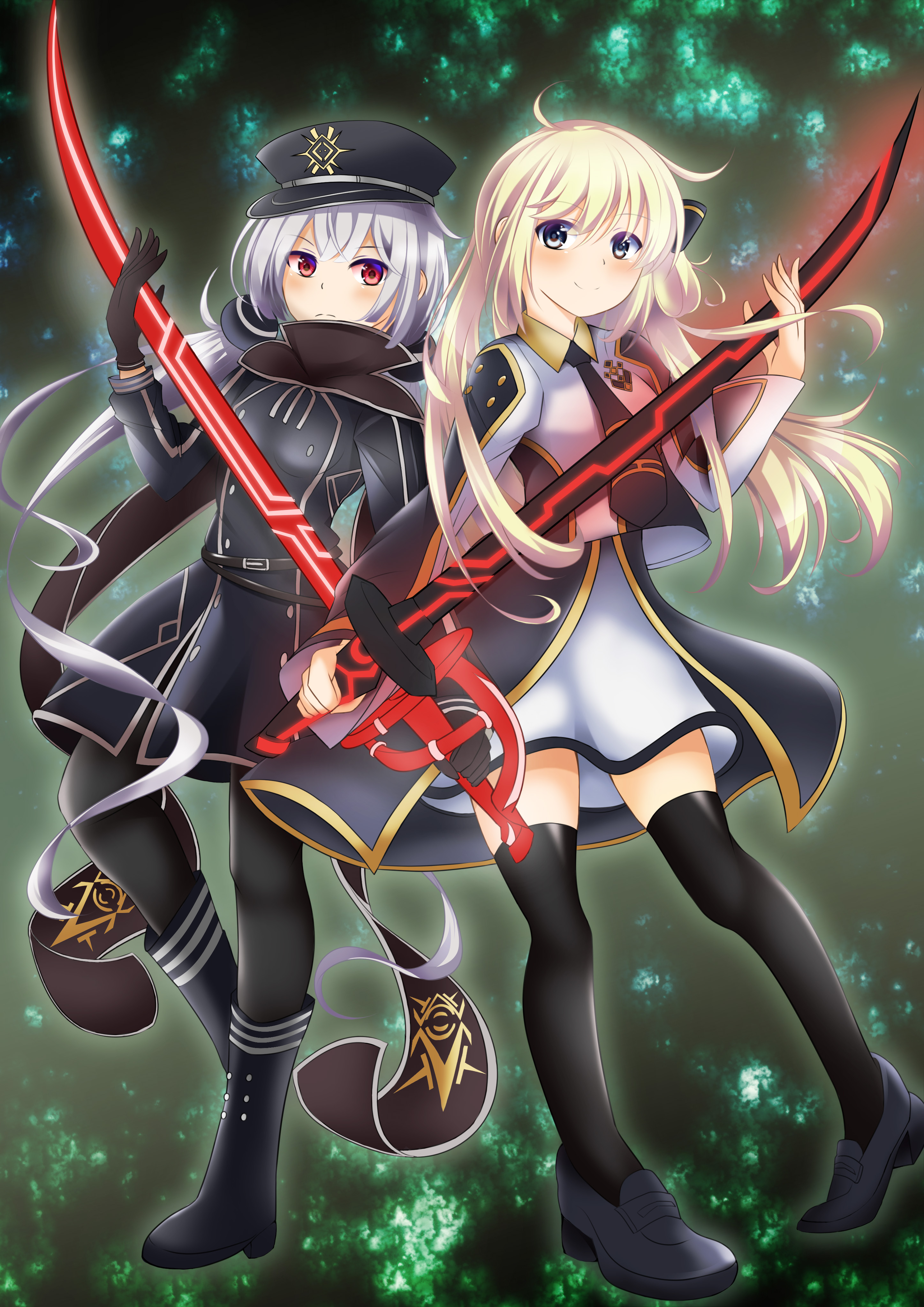 Safebooru - 2girls arms behind back bangs black dress black footwear black headwear black scarf ...