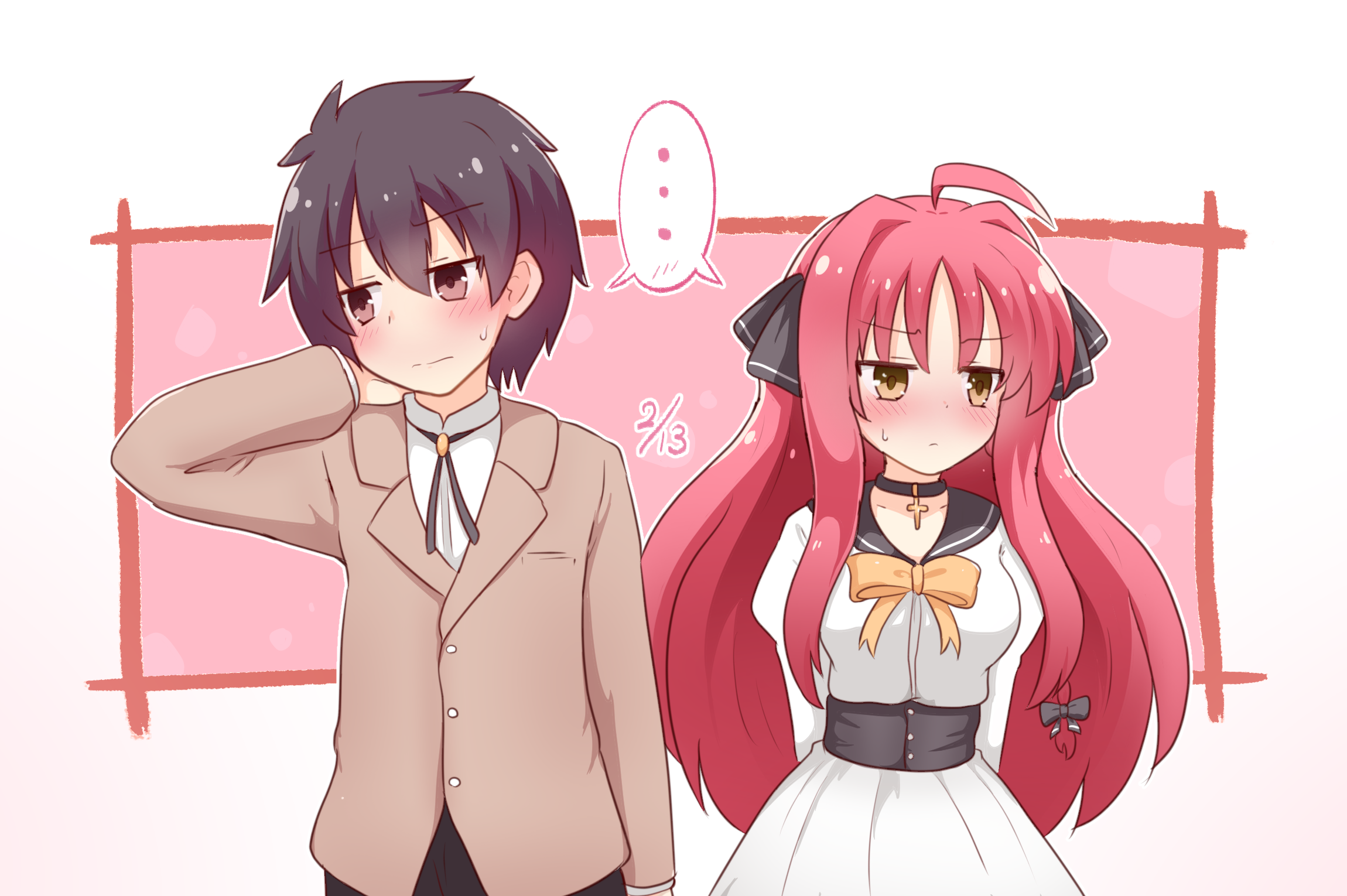 Safebooru - 1boy 1girl ahoge arms behind back arms behind head bangs black bow black choker ...