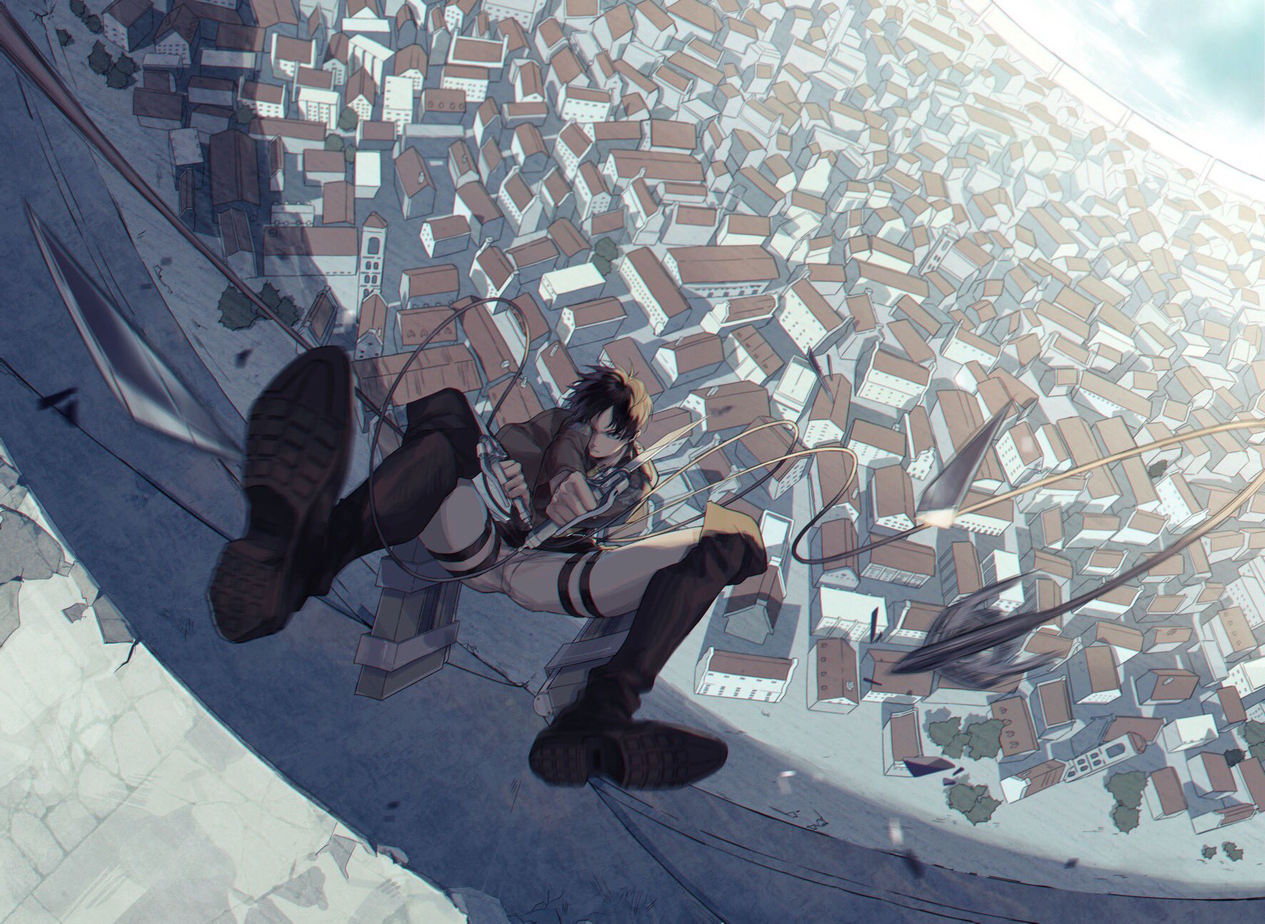 Safebooru - 1boy black hair boots brown hair brown jacket city eren ...
