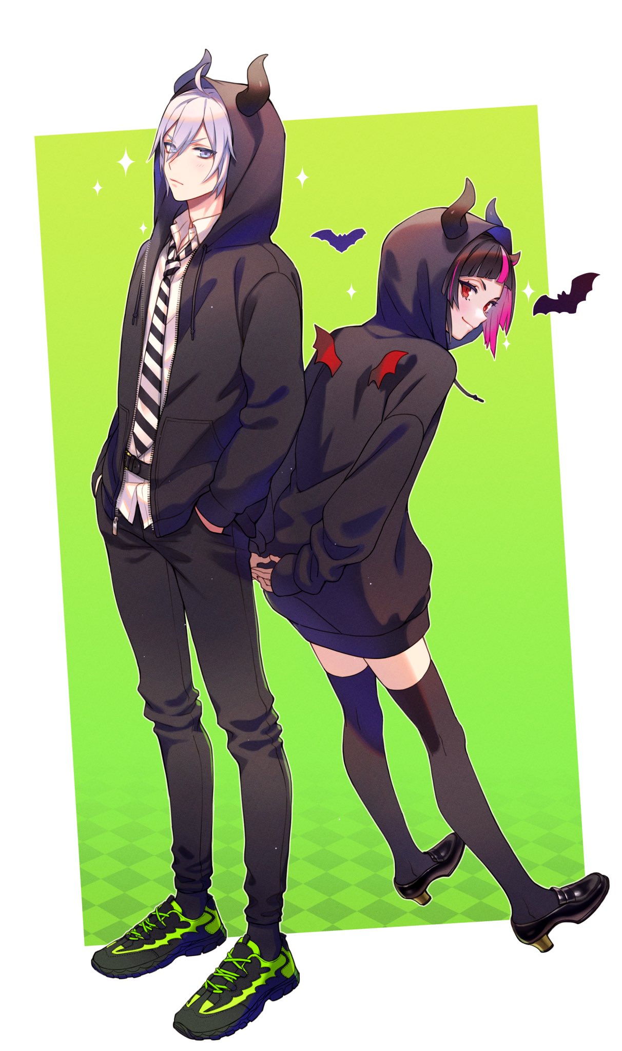 Safebooru - 2boys alternate costume androgynous baggy clothes bat black hair demon wings deretta ...