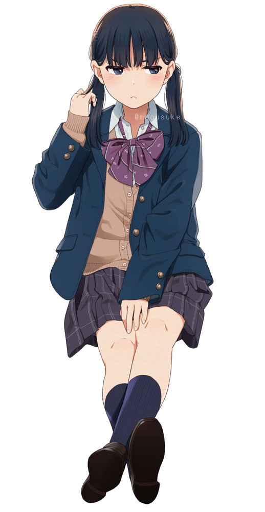 Safebooru - 1girl artist name black hair blazer blue eyes blush bow bowtie crossed legs frown ...