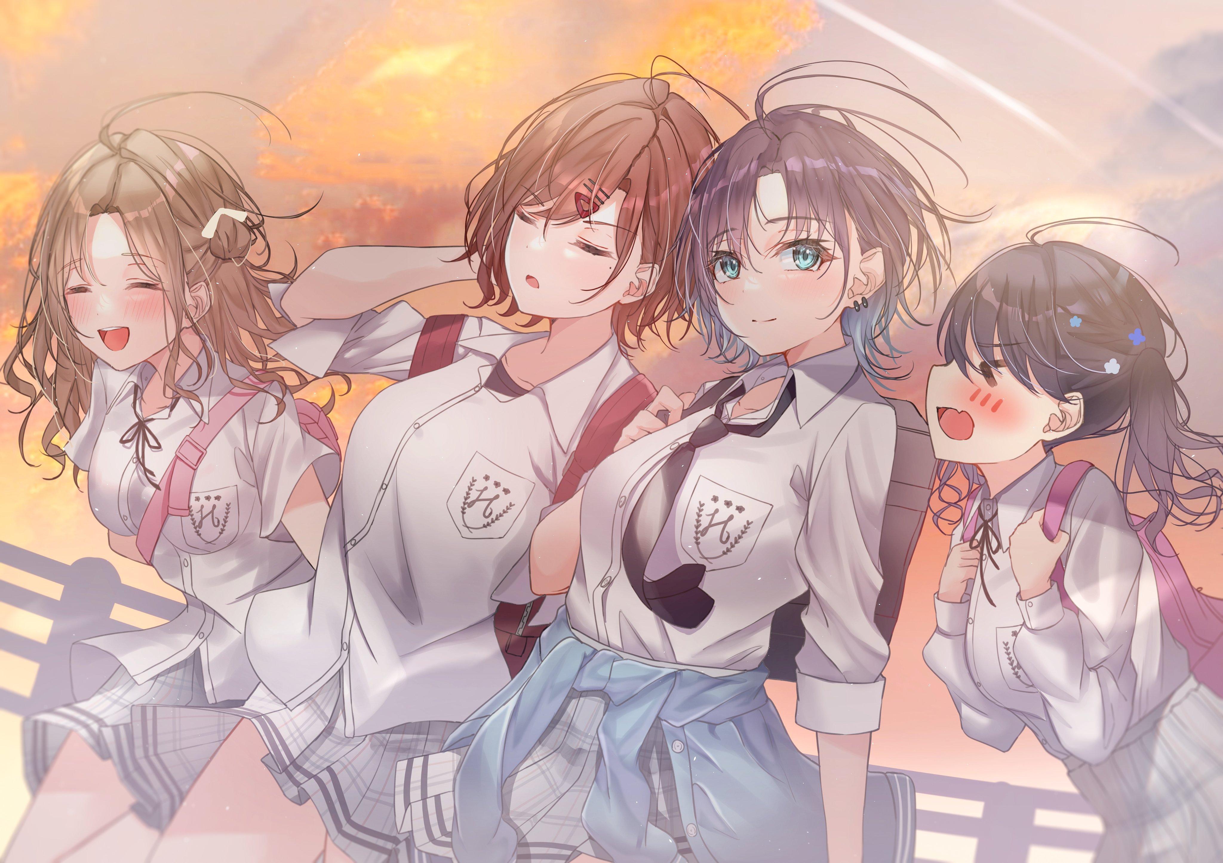 Safebooru - 4girls absurdres ahoge aqua eyes asakura tooru backpack bag bangs black hair black ...