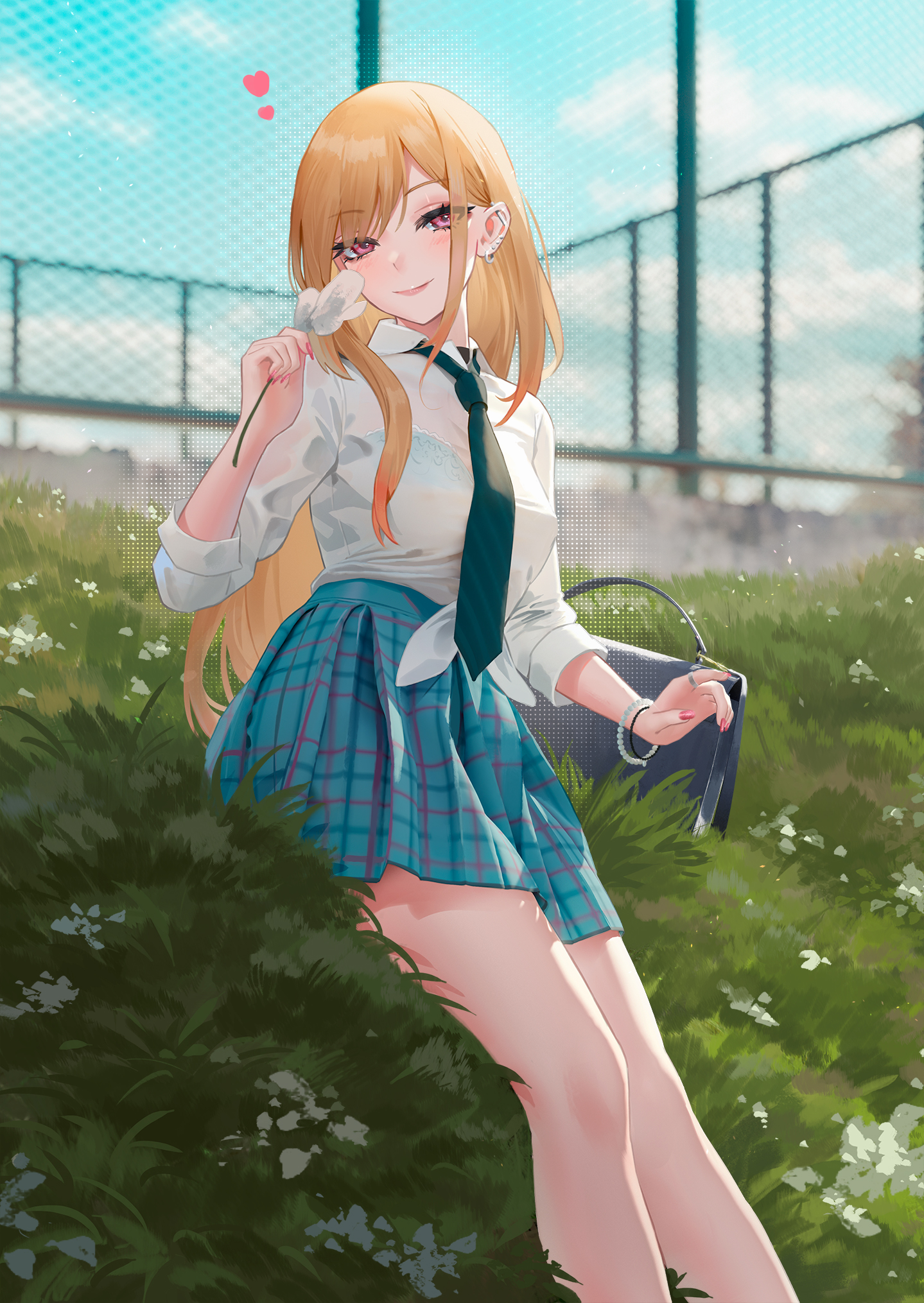 Safebooru - 1girl bag bangs bare legs blonde hair blue skirt blurry blurry background bracelet ...