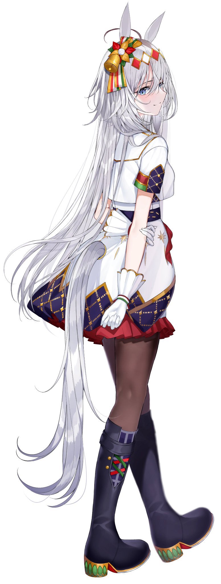 Safebooru - 1girl animal ears arm behind back bangs black legwear blue eyes blush boots closed ...