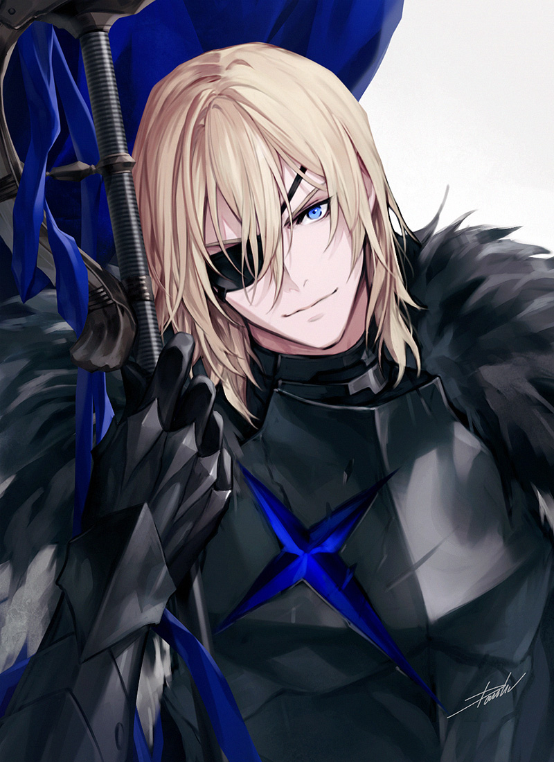 Safebooru - 1boy armor bangs black eyepatch blonde hair blue cape blue eyes breastplate cape ...