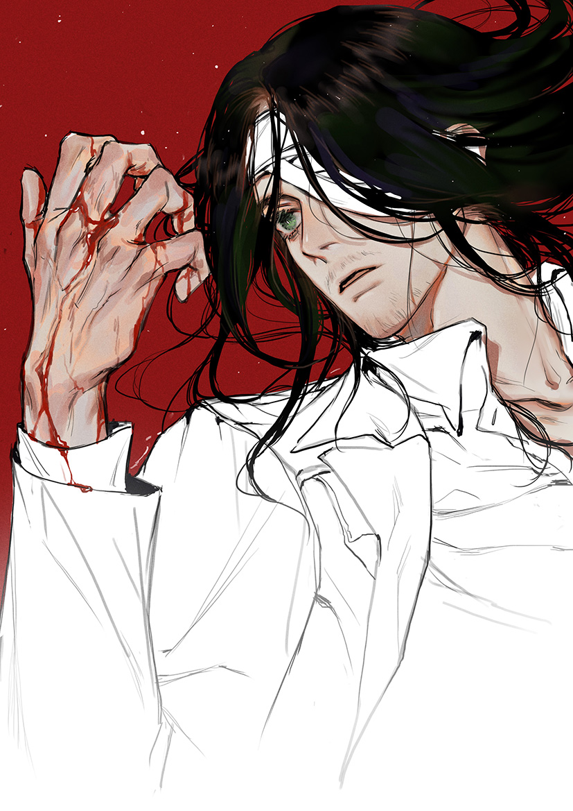 Safebooru - 1boy bandage over one eye blood blood on hands collared ...