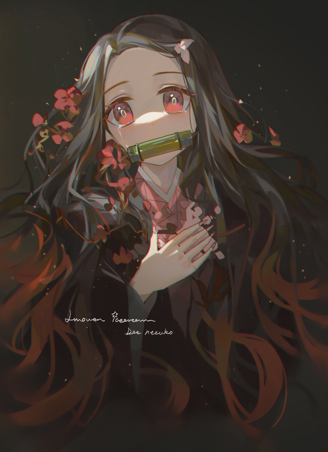 Safebooru - 1girl bit gag black background brown hair crying crying ...
