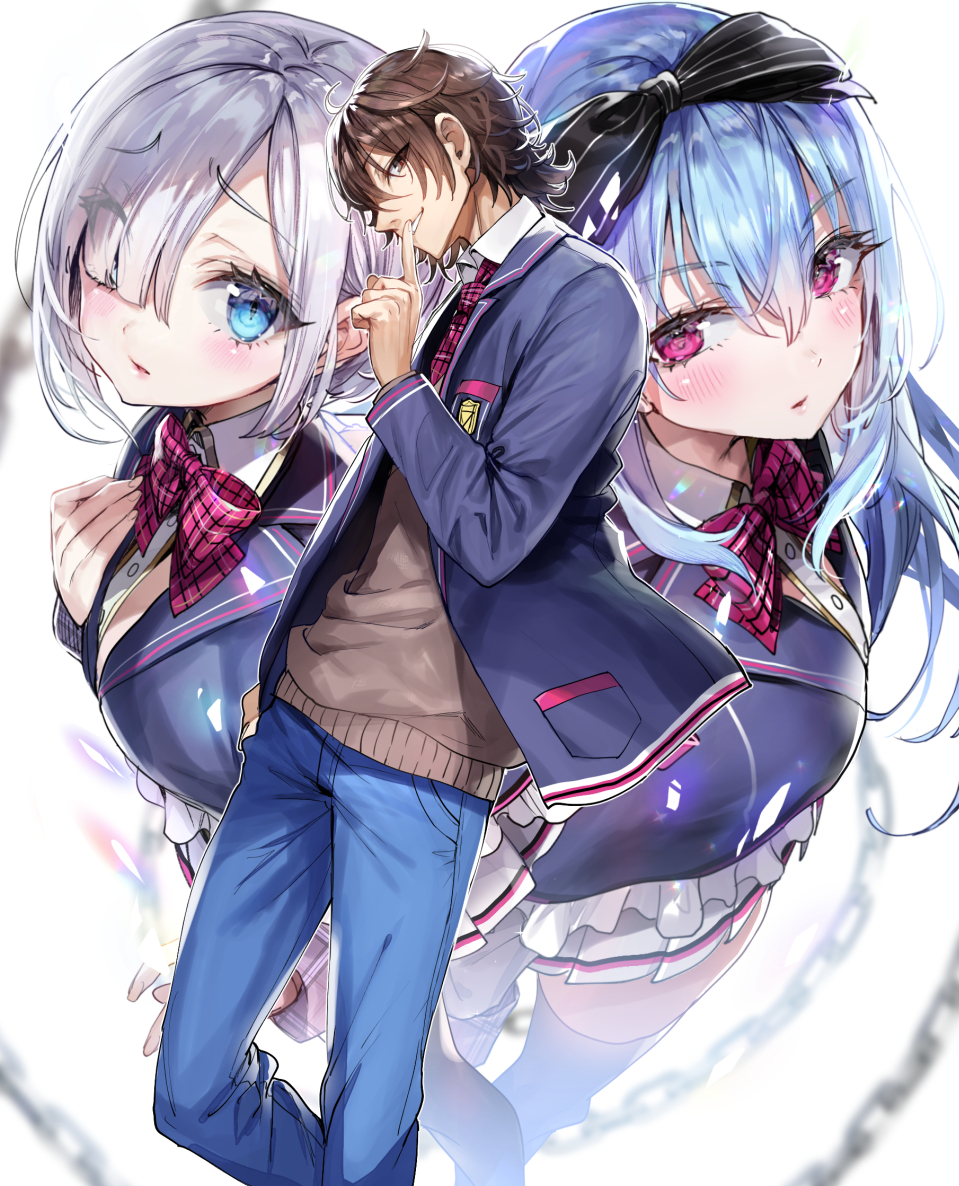 Safebooru - 1boy 2girls asymmetrical bangs bangs black bow black jacket ...