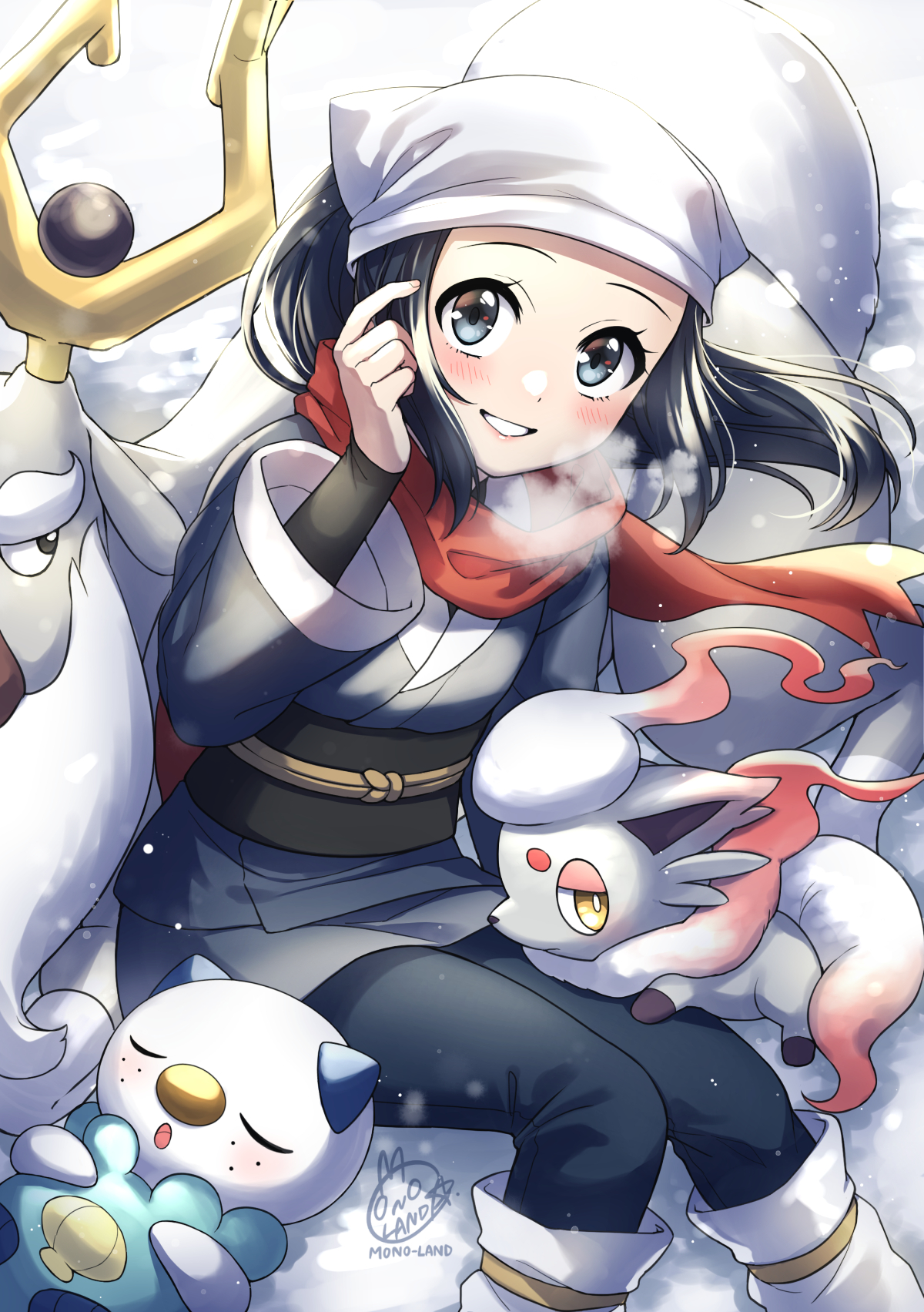 Safebooru - 1girl akari (pokemon) artist name black hair black kimono black pants blue eyes ...