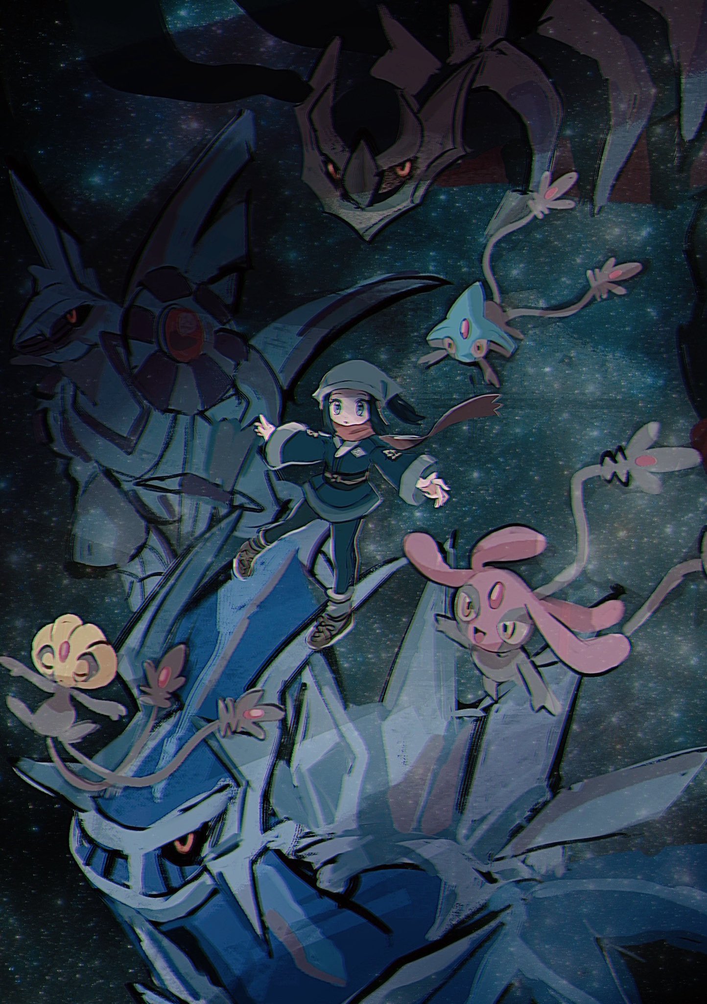 Safebooru - 1girl akari (pokemon) anzu (01010611) azelf dialga floating ...