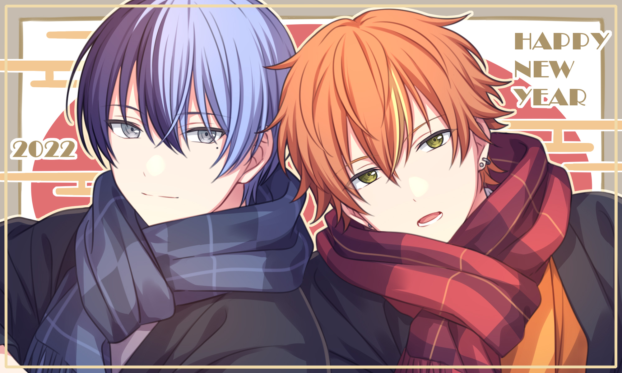 Safebooru - 2boys aoyagi touya black jacket blue hair blue scarf closed mouth earrings green ...